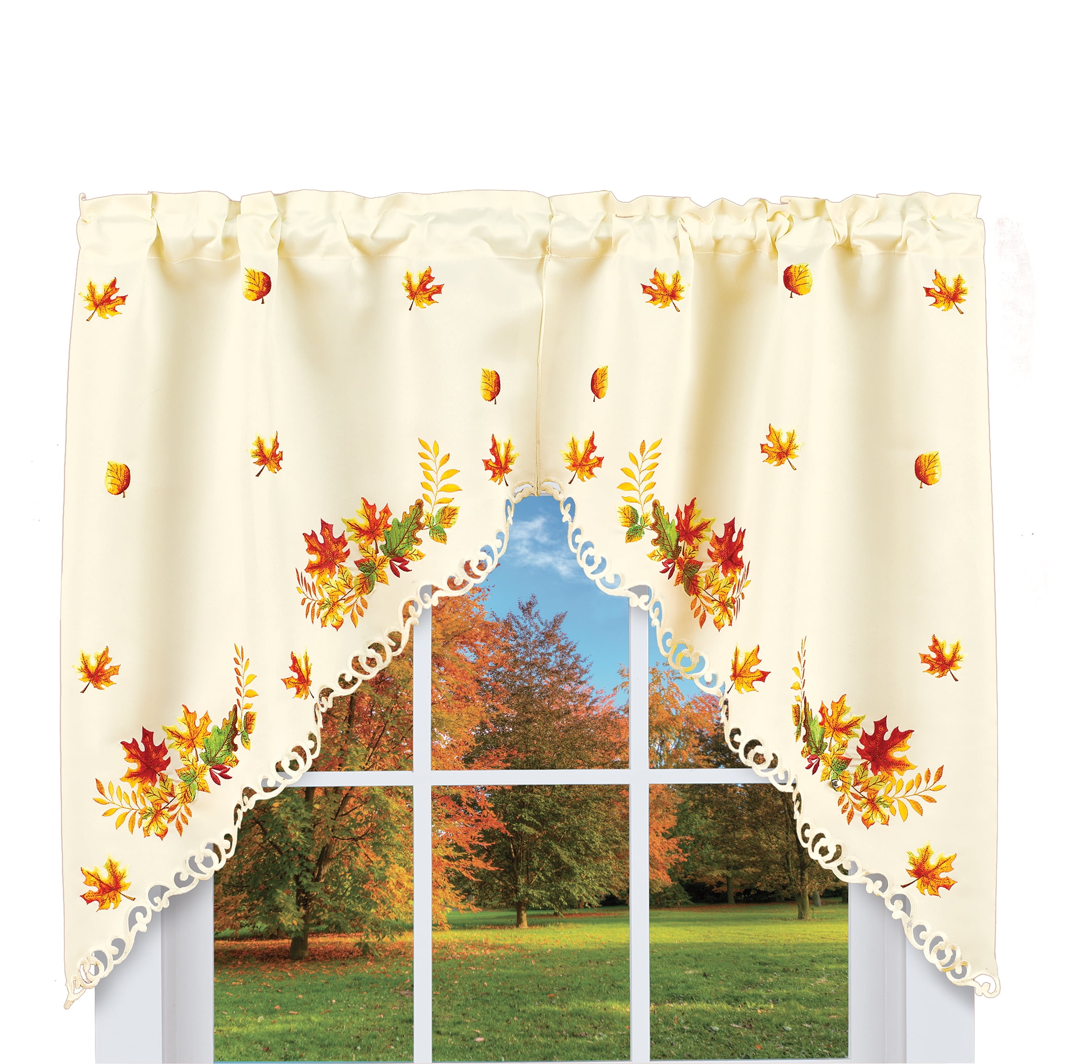Collections Etc Embroidered Scrolling Autumn Leaves Window Curtains ...