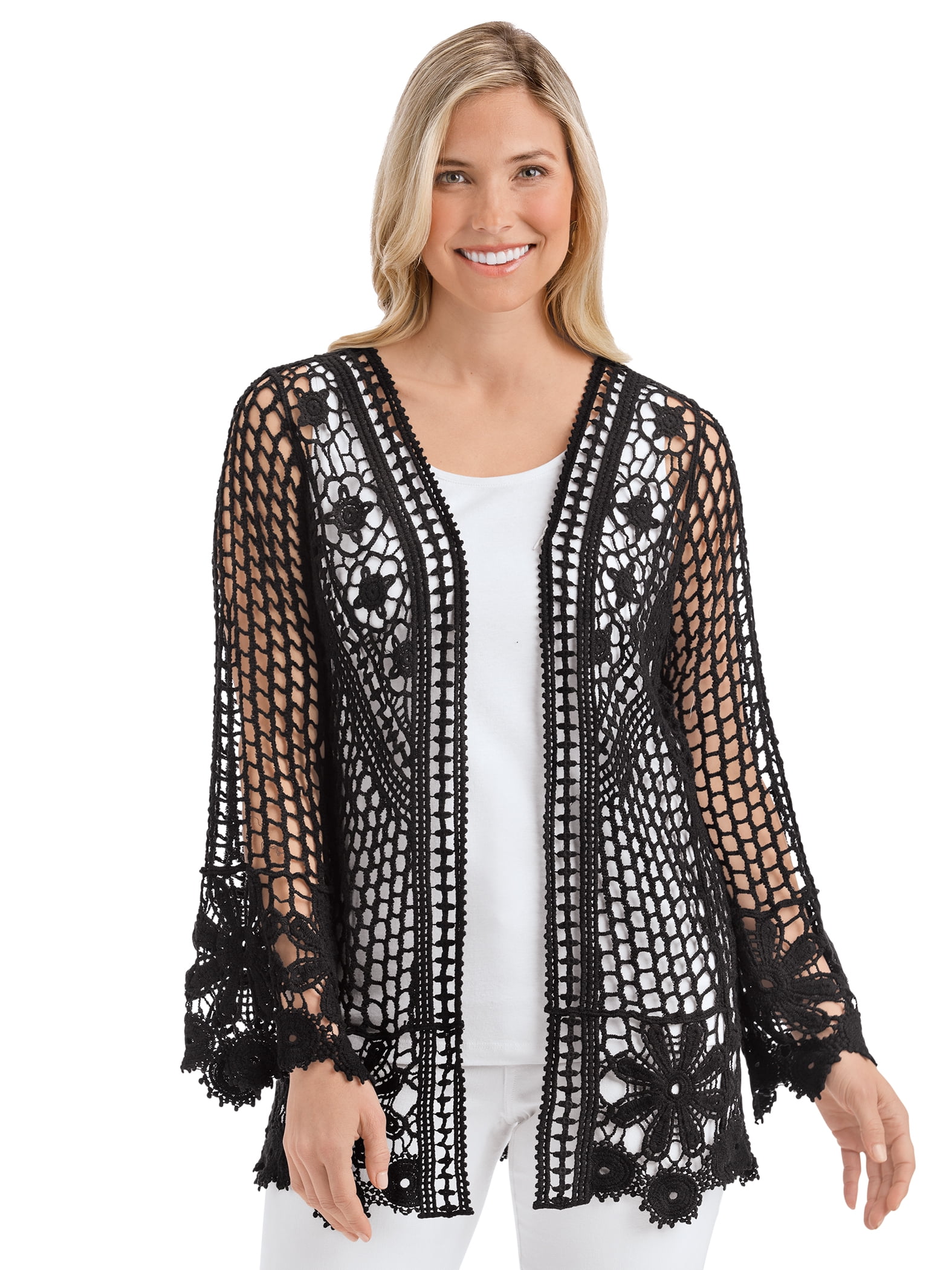 Collections Etc Beautiful Crochet and Floral Lace Open-Front Jacket ...
