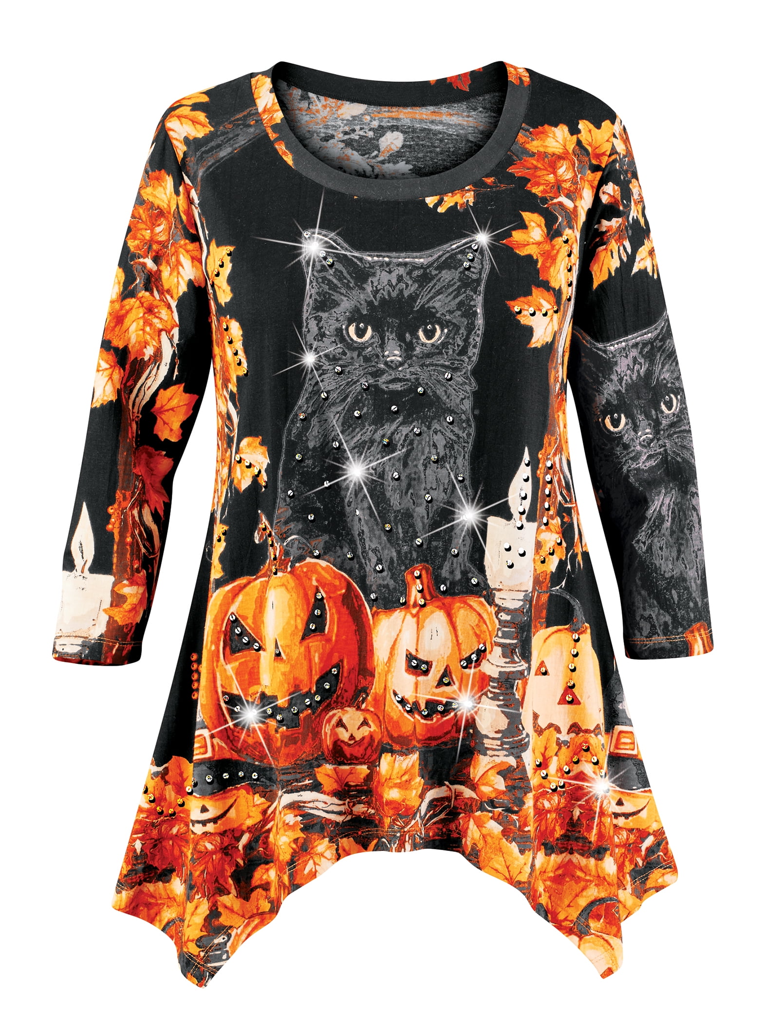 Collections Etc Black Cat Magic Sequin Detailed 3/4 Length Sleeve Tunic ...