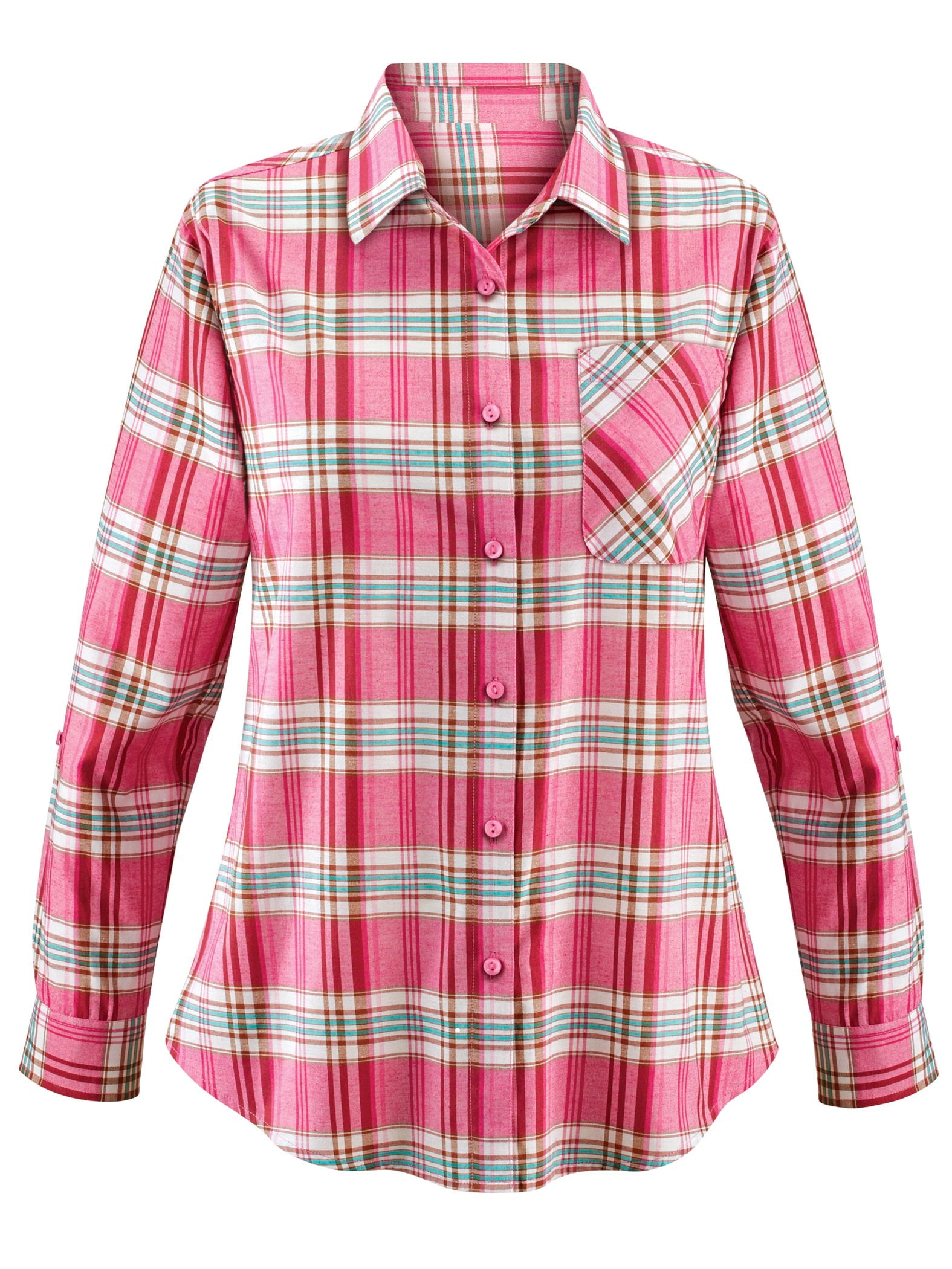 Collections Etc Bright Plaid Roll-Table Sleeve Full Button Front Shirt ...