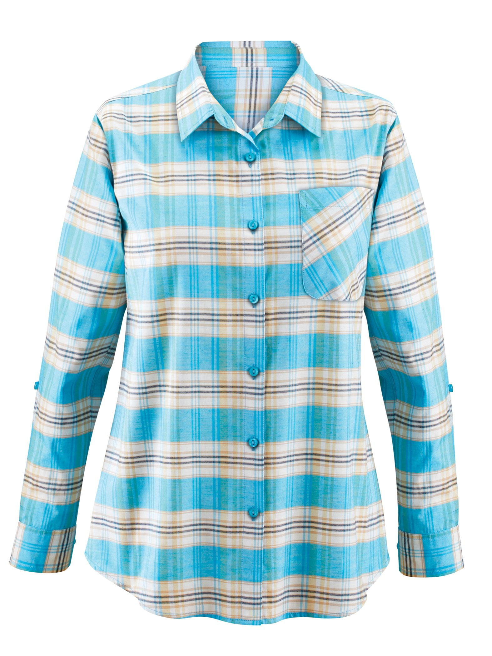 Collections Etc Bright Plaid Roll-Table Sleeve Full Button Front Shirt ...