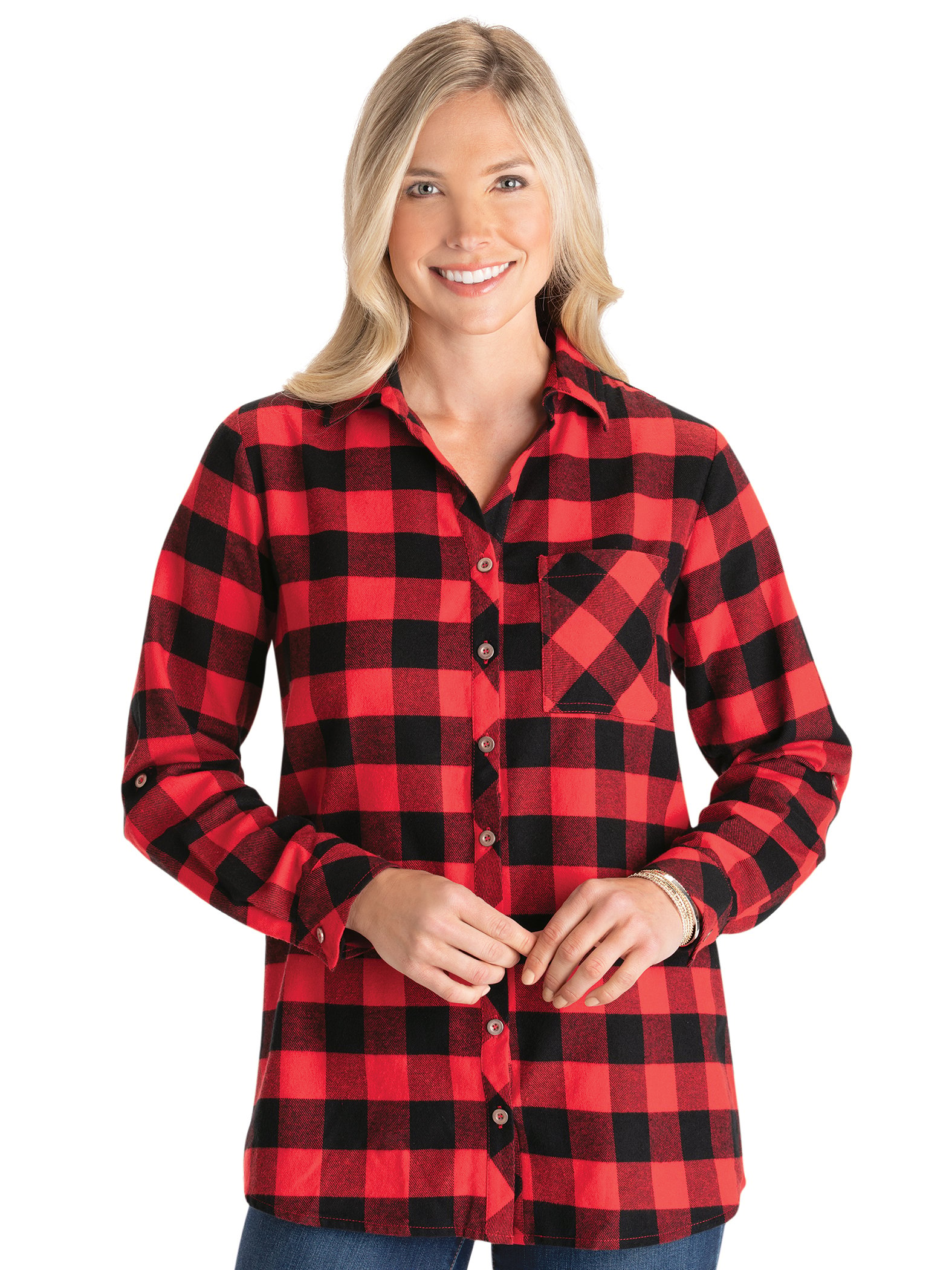 Collections Etc Buffalo Check Roll-Tab Sleeves Button-Down Flannel ...
