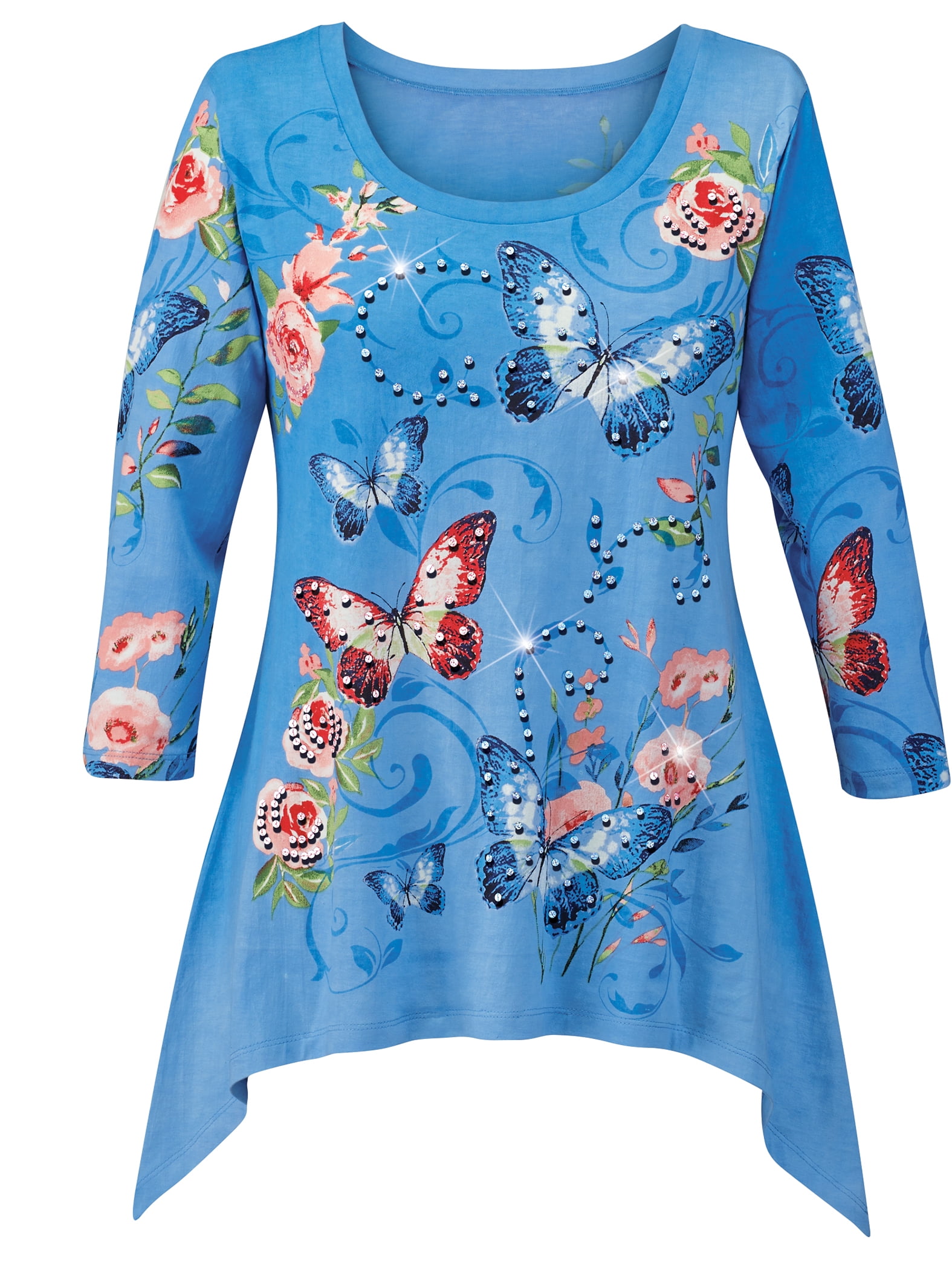 Collections Etc Butterflies & Roses Sequin Detailed Sharkbite Tunic ...