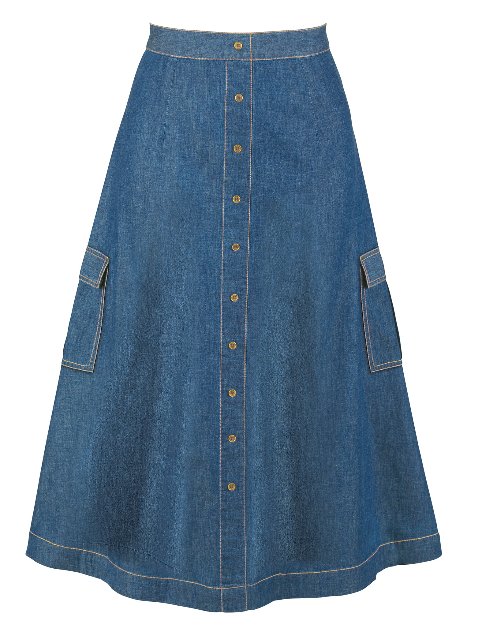Collections Etc Cargo Pocket Faux Button Front Long Denim Skirt ...