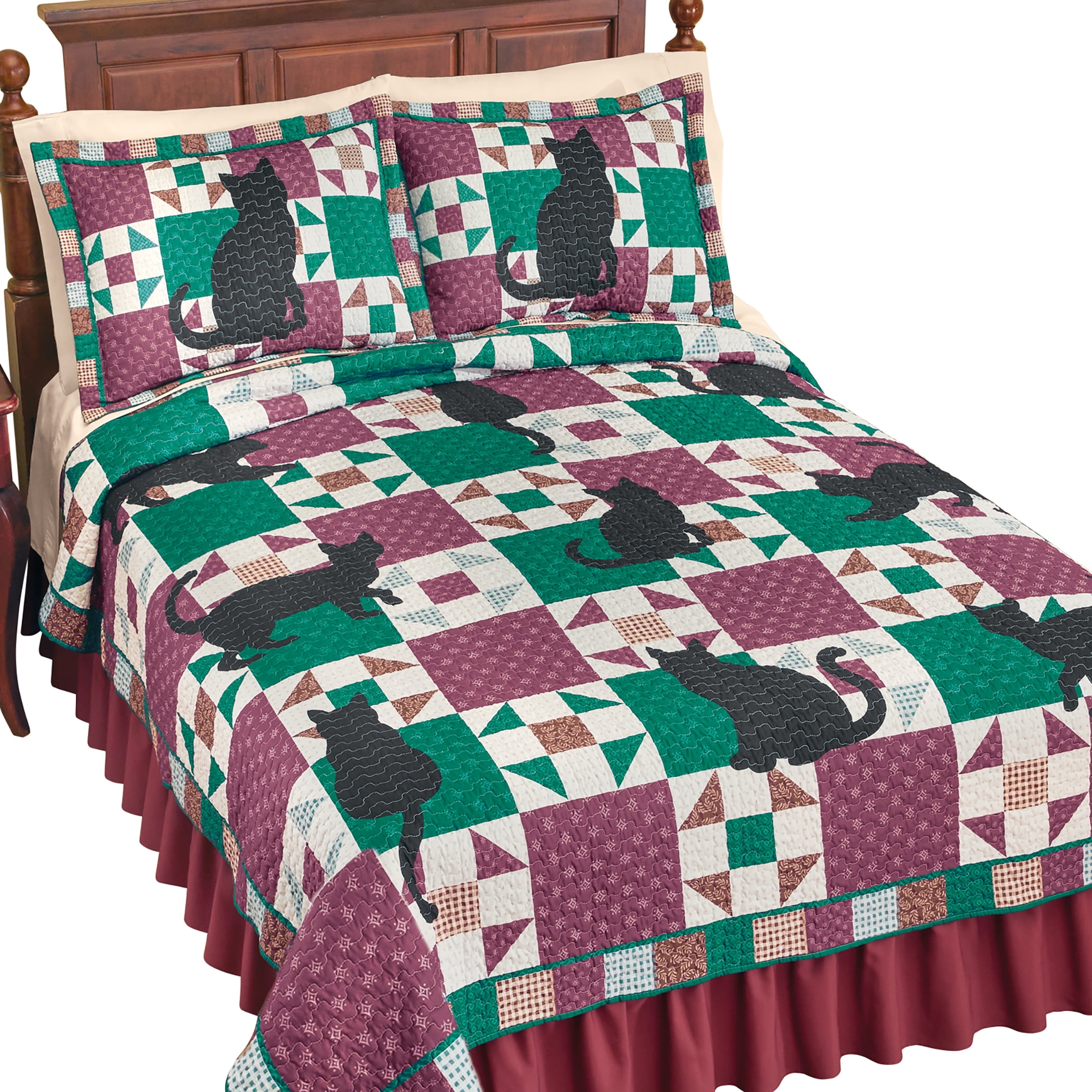 Collections Etc Charming Cat Silhouette Patchwork Quilt Burgundy/Green King - Walmart.com