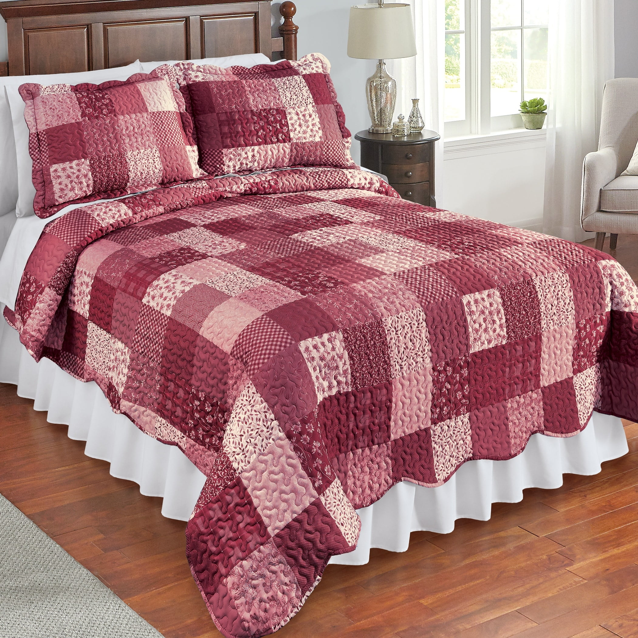 Collections Etc Classic Floral Patchwork Scalloped Edge Quilt Burgundy ...