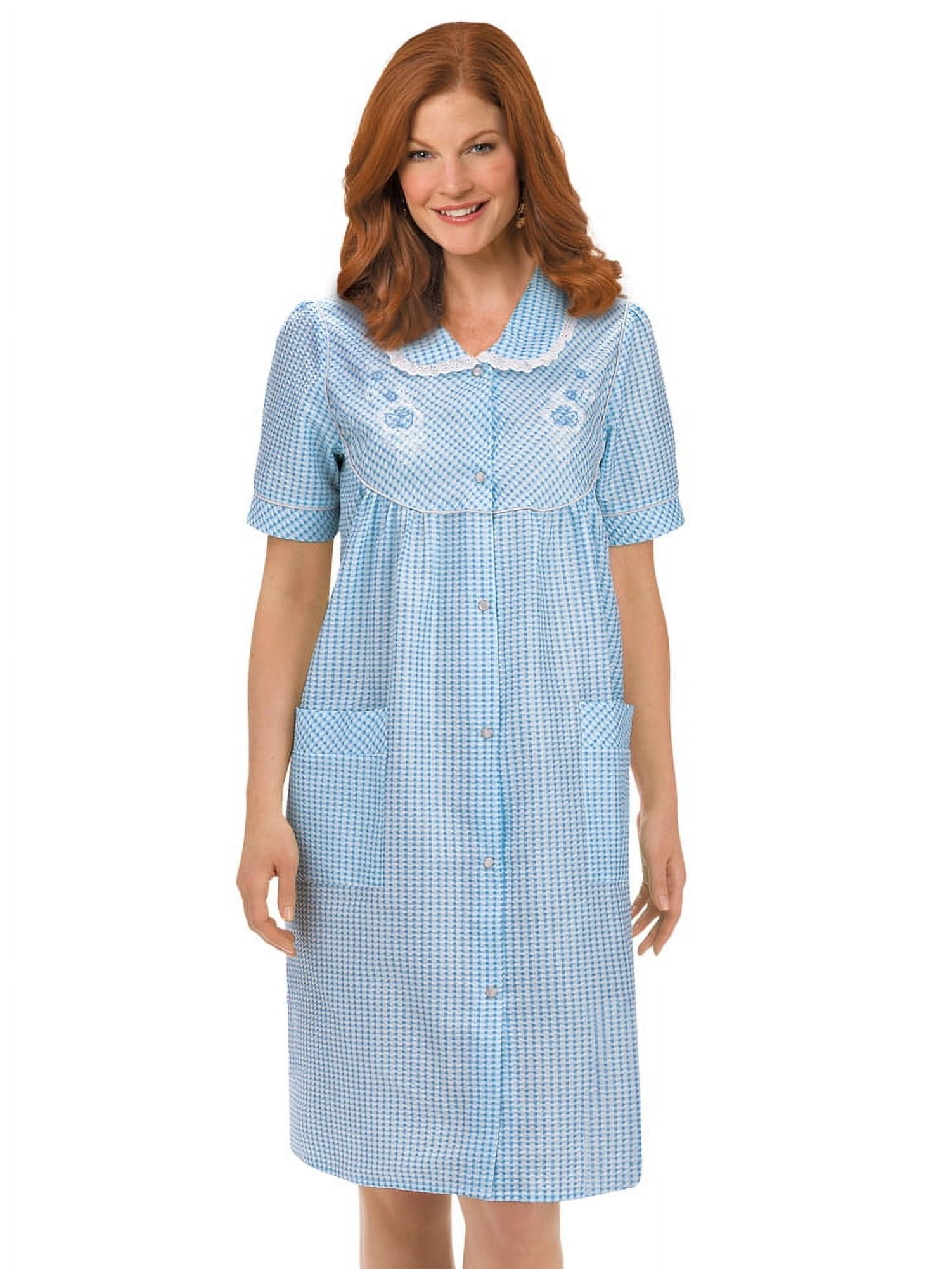 Collections Etc Women's Gingham Robe, Floral Accents, Snap-Front, Lace ...