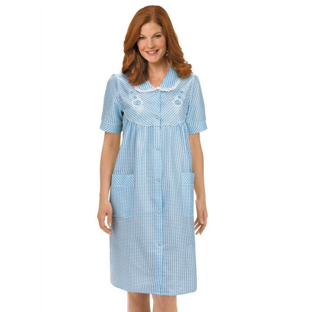 Collections Etc Women's Gingham Robe with Floral & Lace Accents, Snap ...