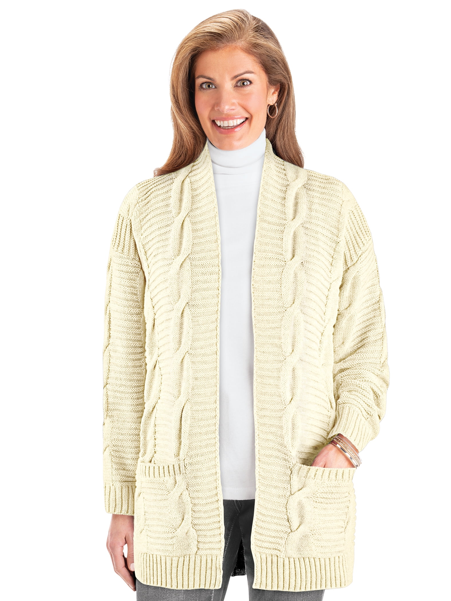 Collections Etc Cozy Cable Knit Patch Pockets Long Sleeve Cardigan ...