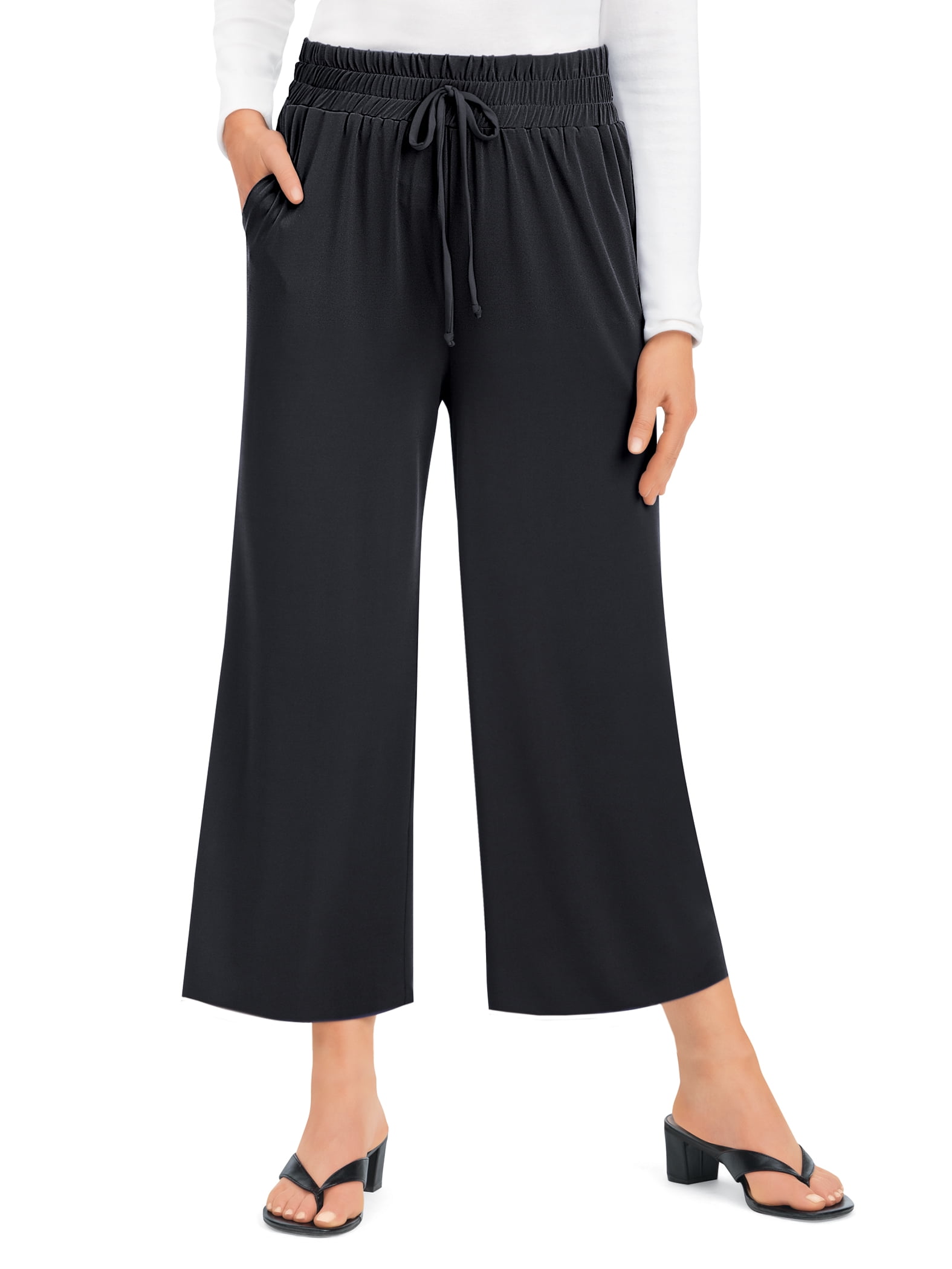 Collections Etc Cropped Wide Leg Knit Elasticized Drawstring Waistband ...