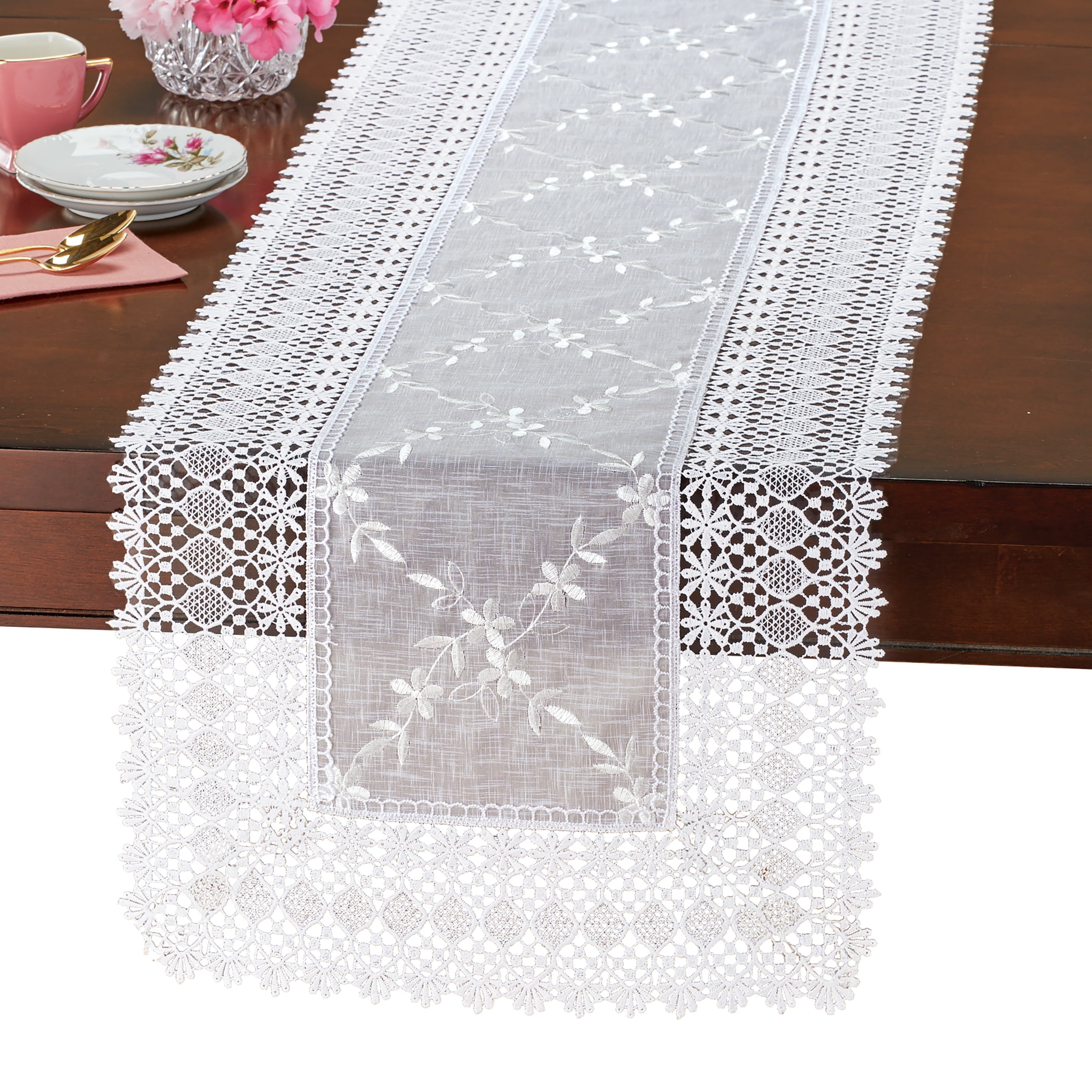 Collections Etc Dainty Floral Embroidery Organza Lace Border Table ...