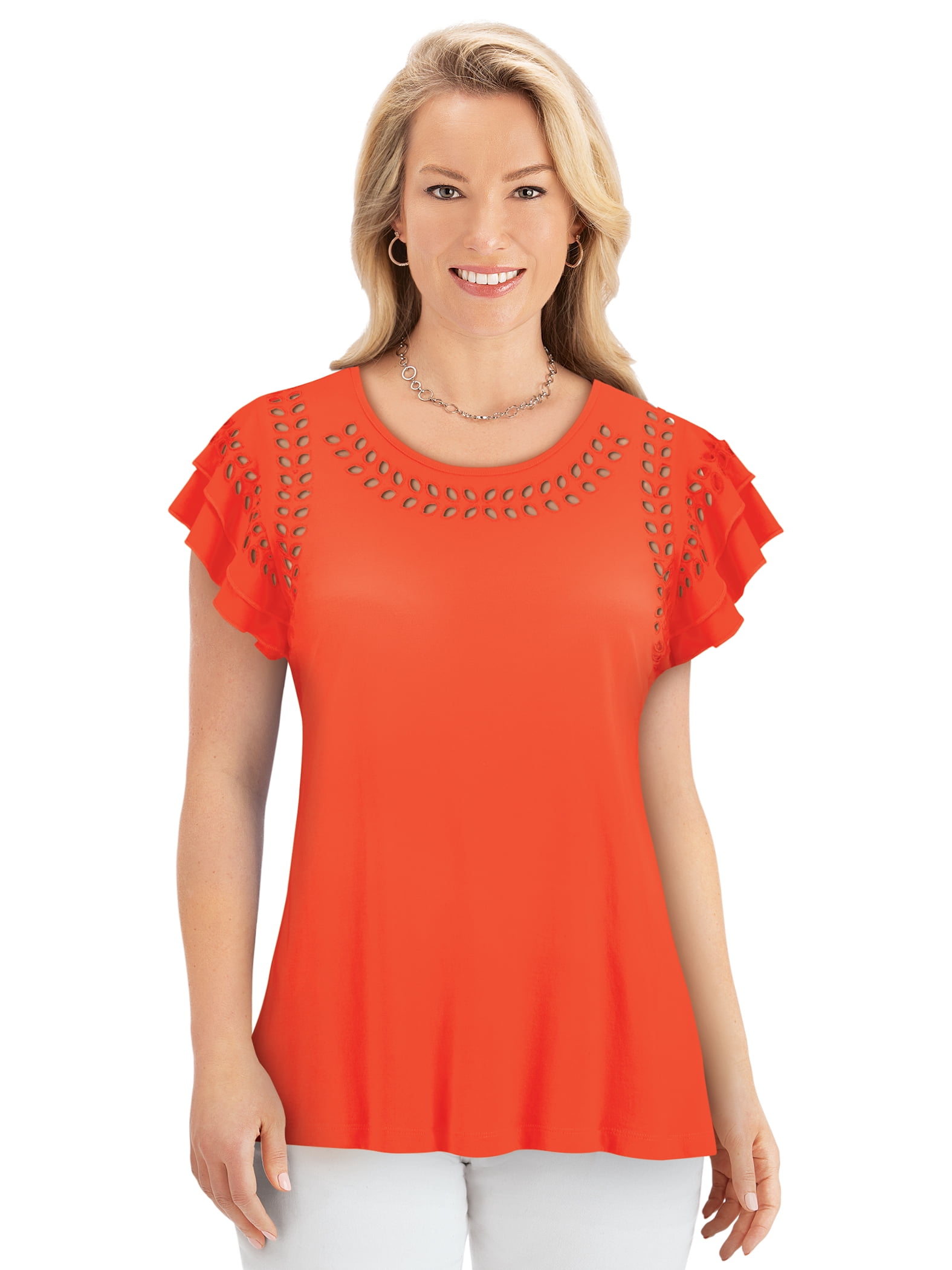 Collections Etc Double Layer Flutter Sleeve Eyelet Trim Stylish Top ...