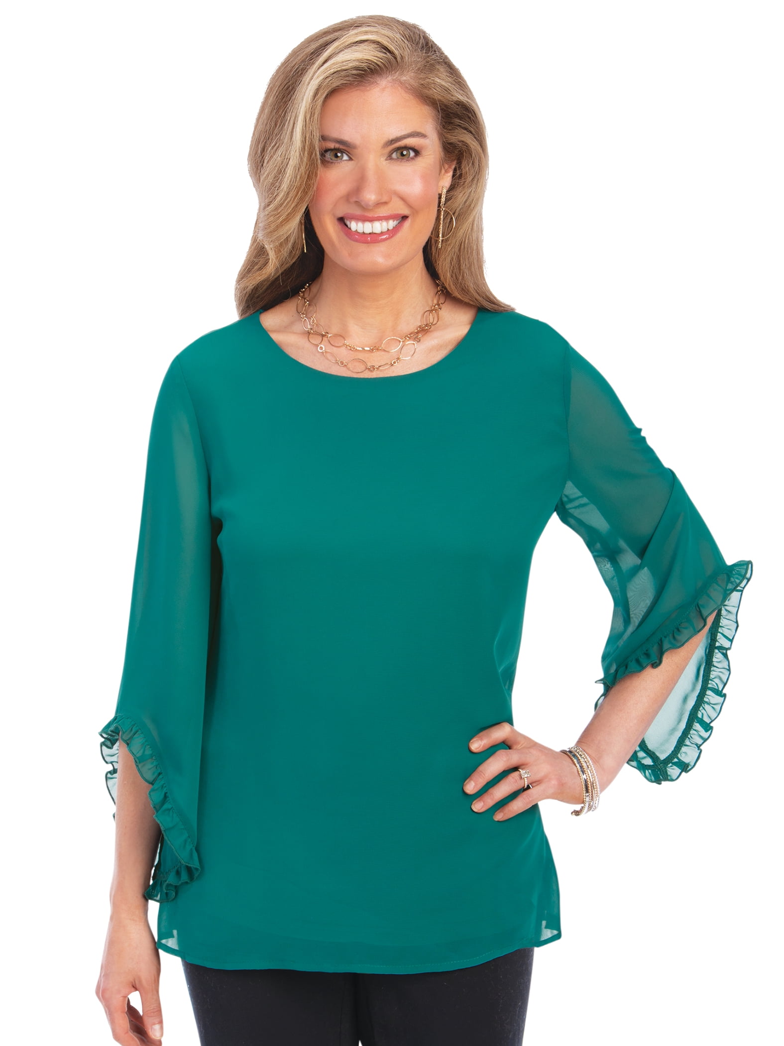 Collections Etc Elegant Woven Blouse with Pleated Ruffle Trim Sleeves ...