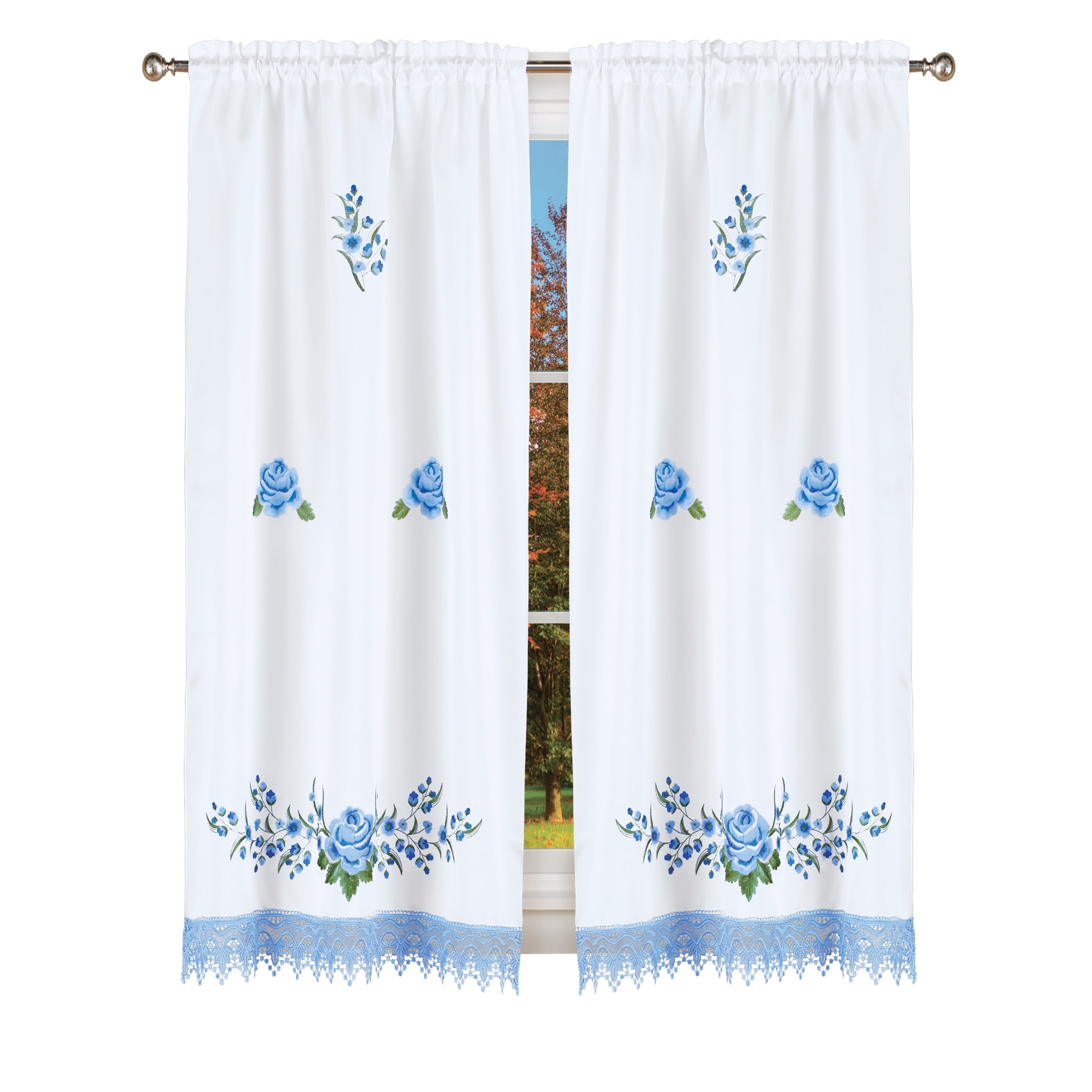 Collections Etc Embroidered Blue Rose with Lace Window Drapes - Walmart.com