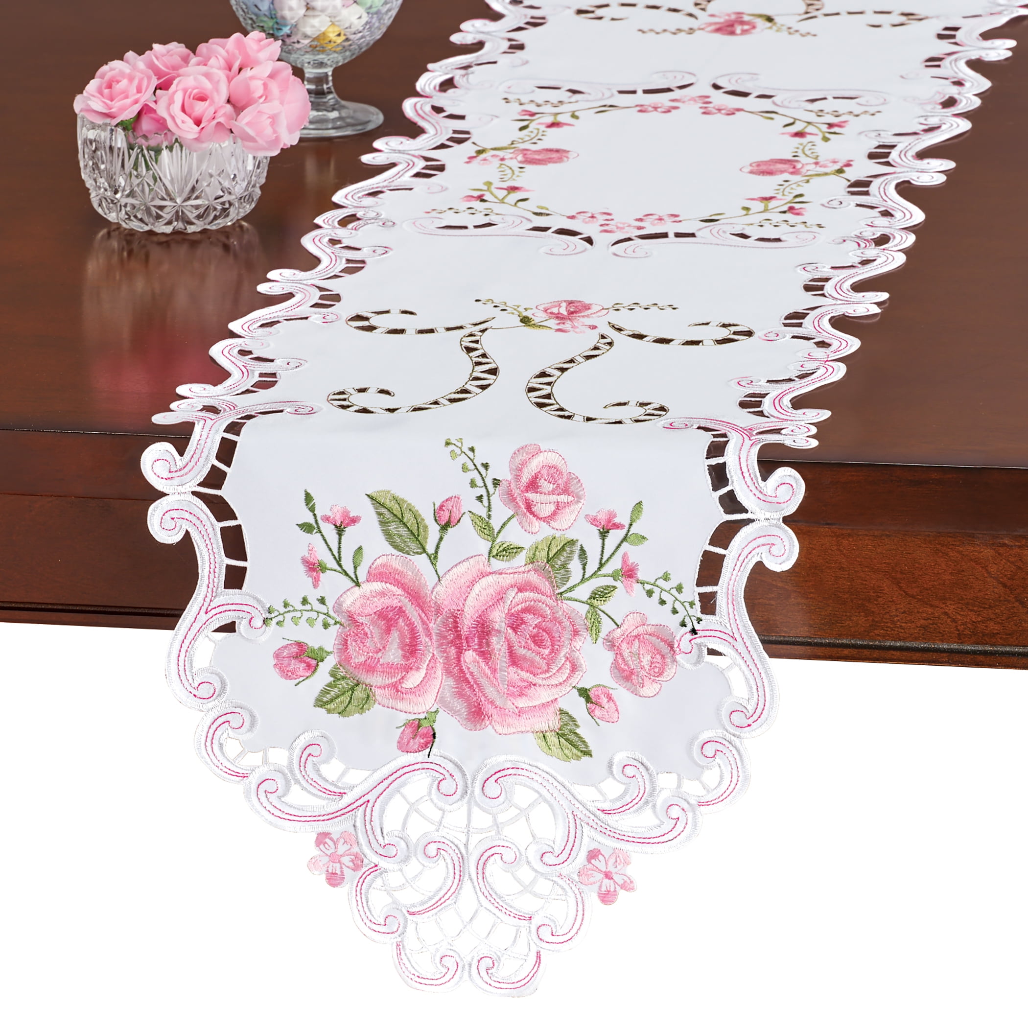 Collections Etc Embroidered Dainty Rose Scalloped Edge Table Linens Runner - Walmart.com