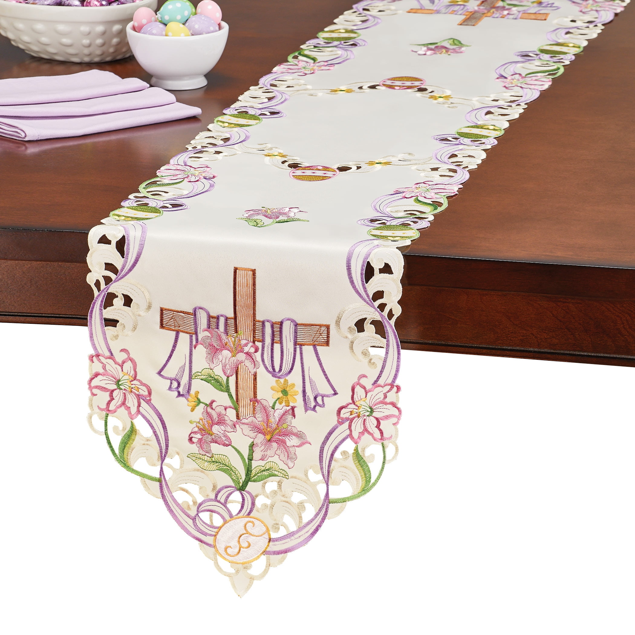 Collections Etc Embroidered Easter Cross Table Topper Cloth - Tabletop ...