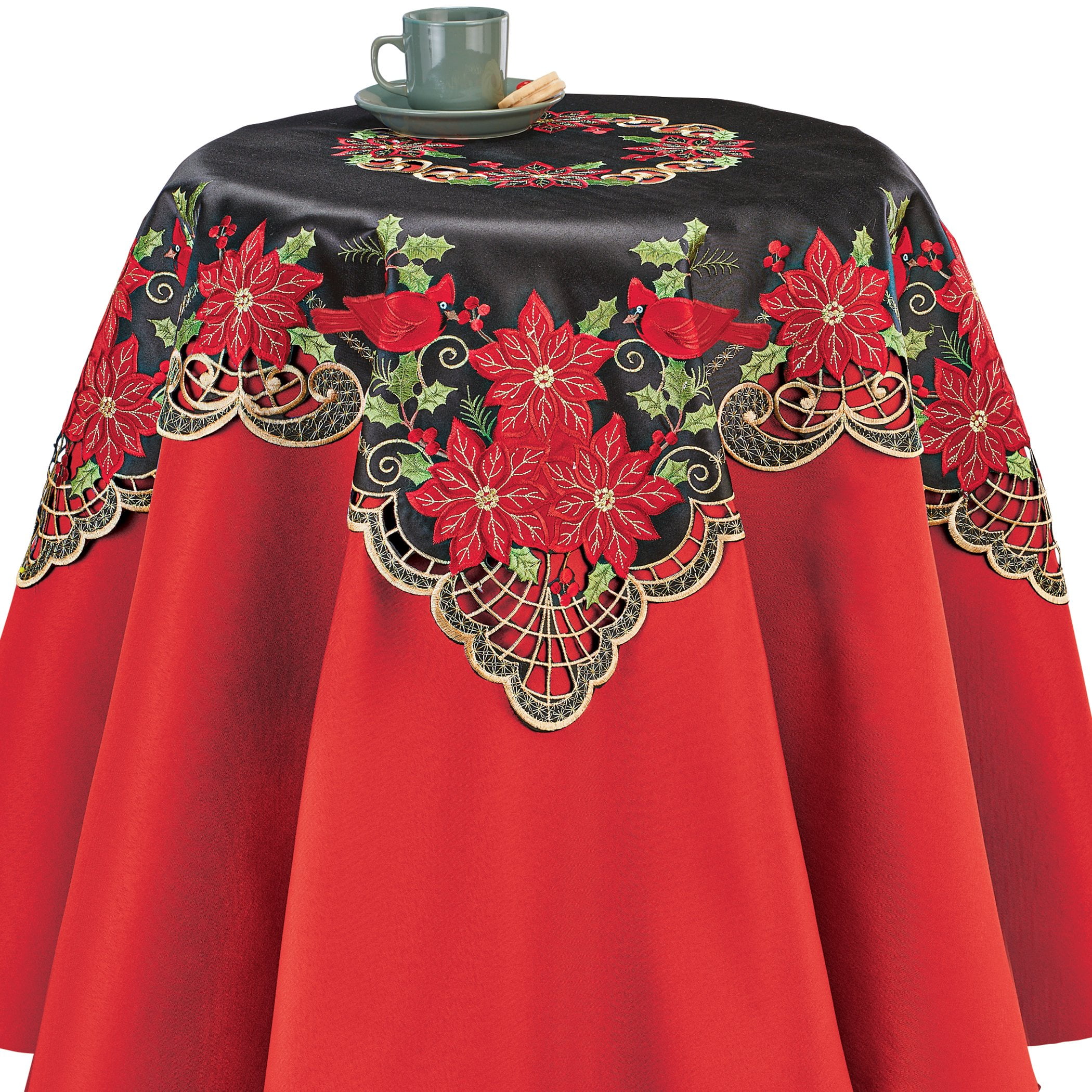 Collections Etc Embroidered Poinsettia Cardinal Table Linens, Xmas ...