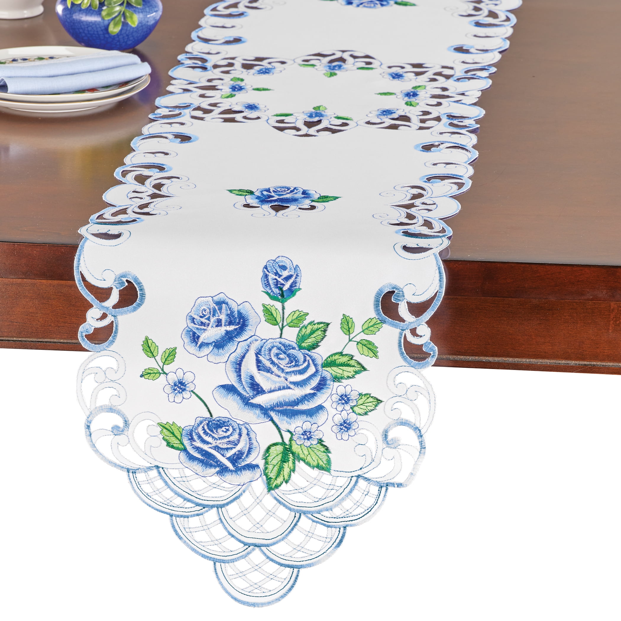Collections Etc Embroidered Rose Clusters and Greenery Table Linens ...