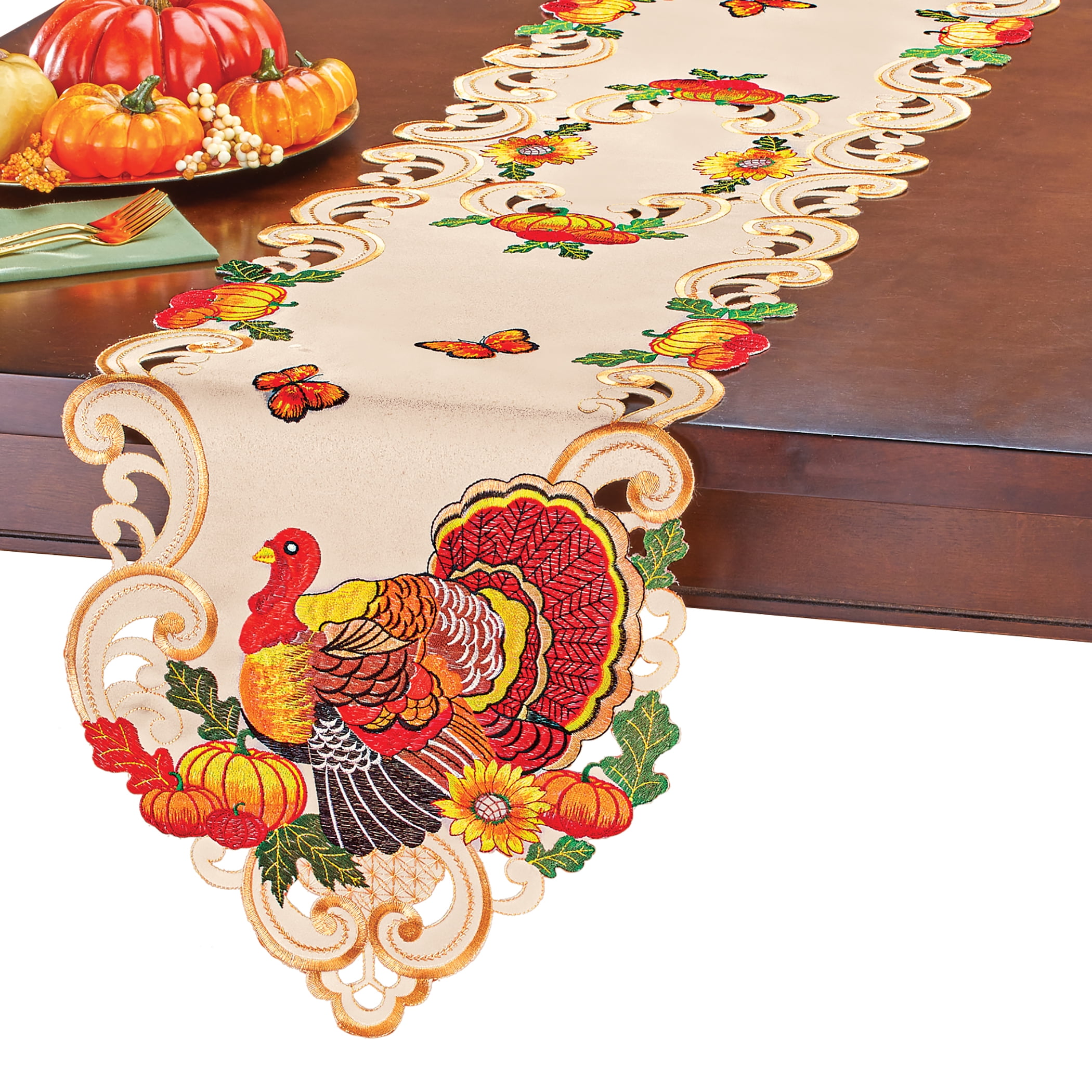 Collections Etc Embroidered, Scalloped Edge Thanksgiving Turkeys Table ...