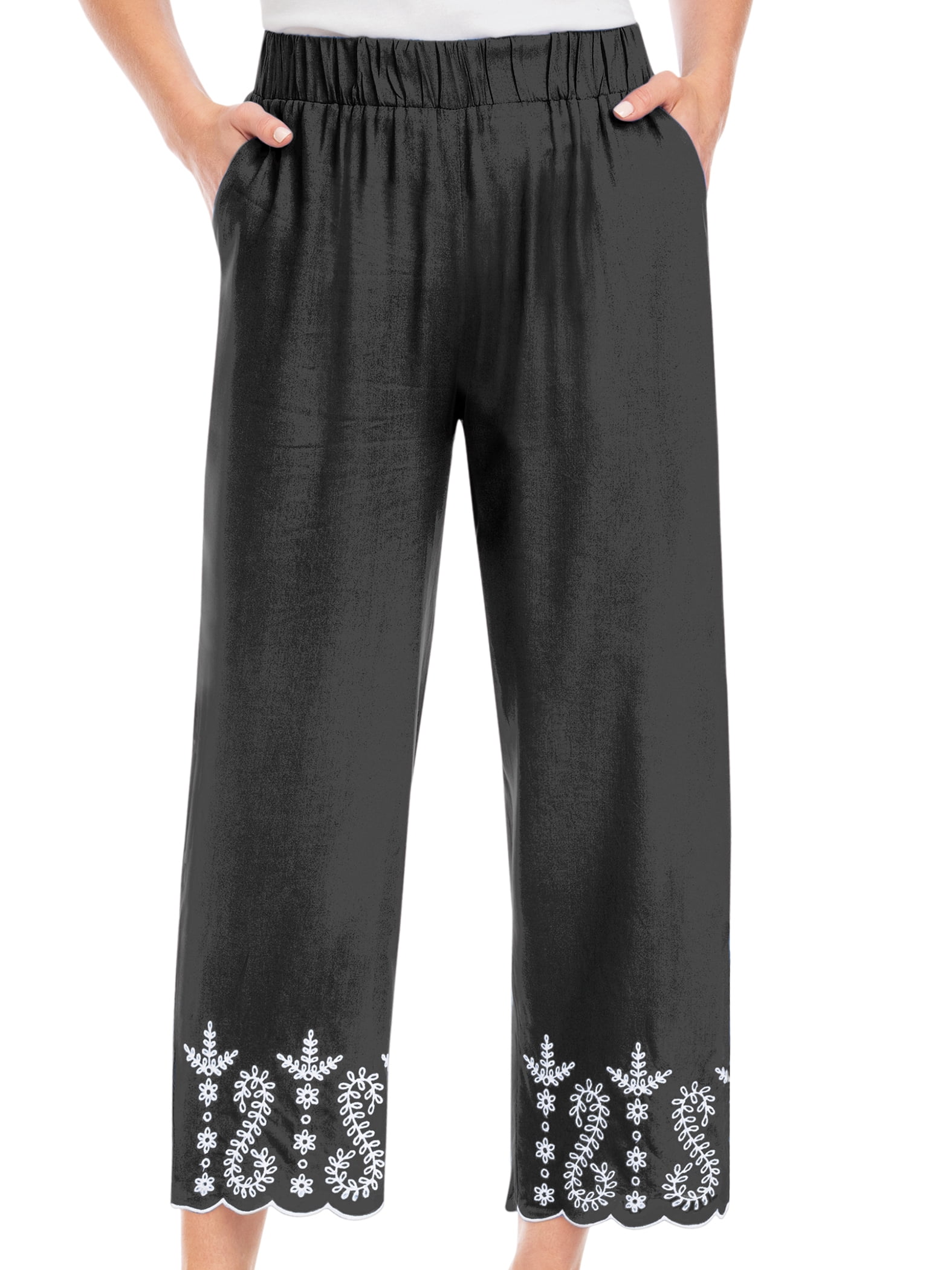 Collections Etc Embroidered & Scalloped Hem Elasticized Waist Capris ...