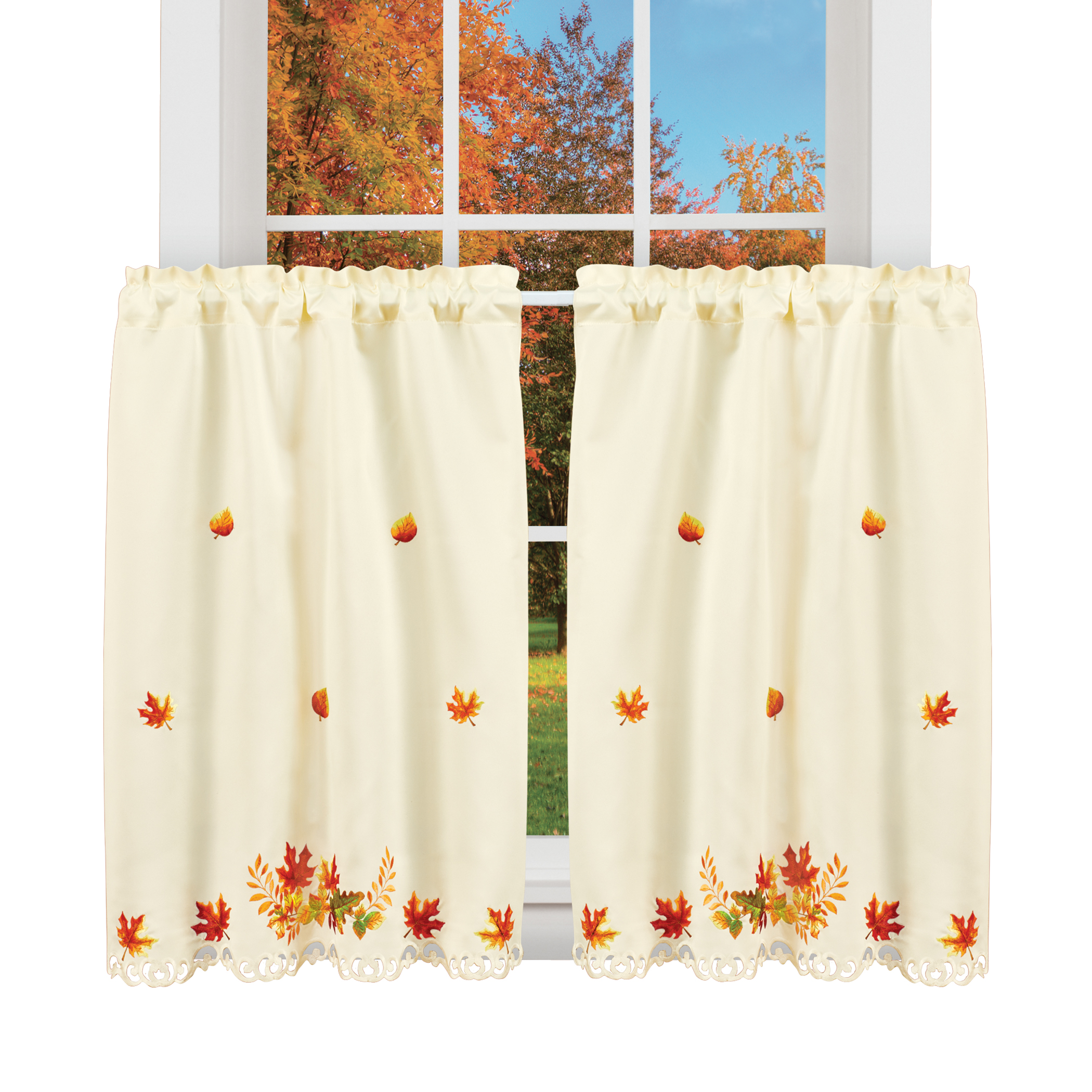 Collections Etc Embroidered Scrolling Autumn Leaves Window Curtains ...