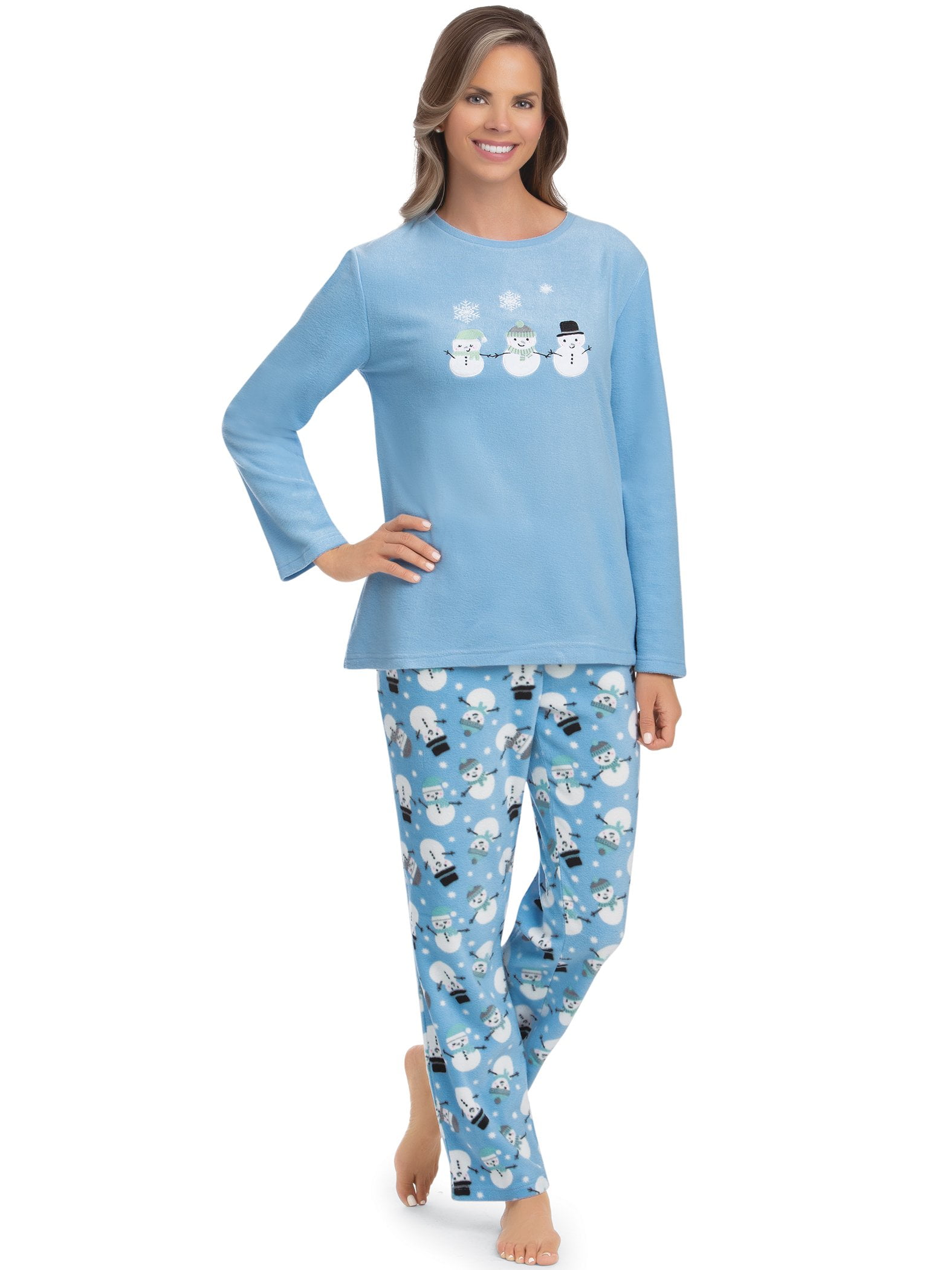 Collections Etc Embroidered Snowman Trio 2-Piece Soft Fleece Pajama Set ...