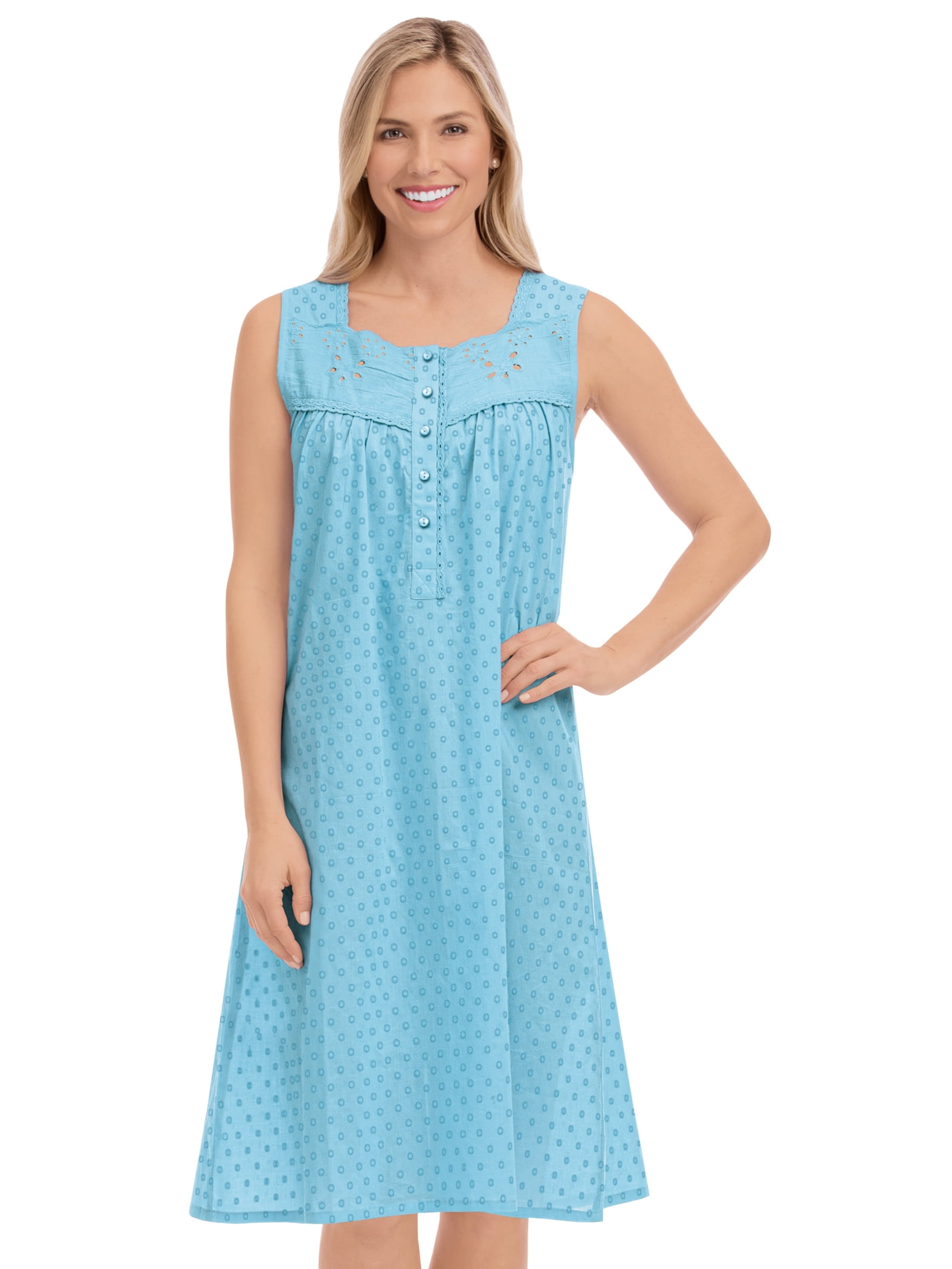 Collections Etc Eyelet Trimmed Woven Sleeveless Nightgown with Dot ...