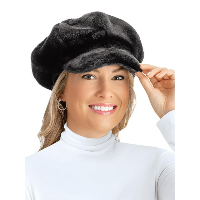 Collections Etc Faux Fur Newsboy Winter Hat, Stylish Plush Cap, Black ...