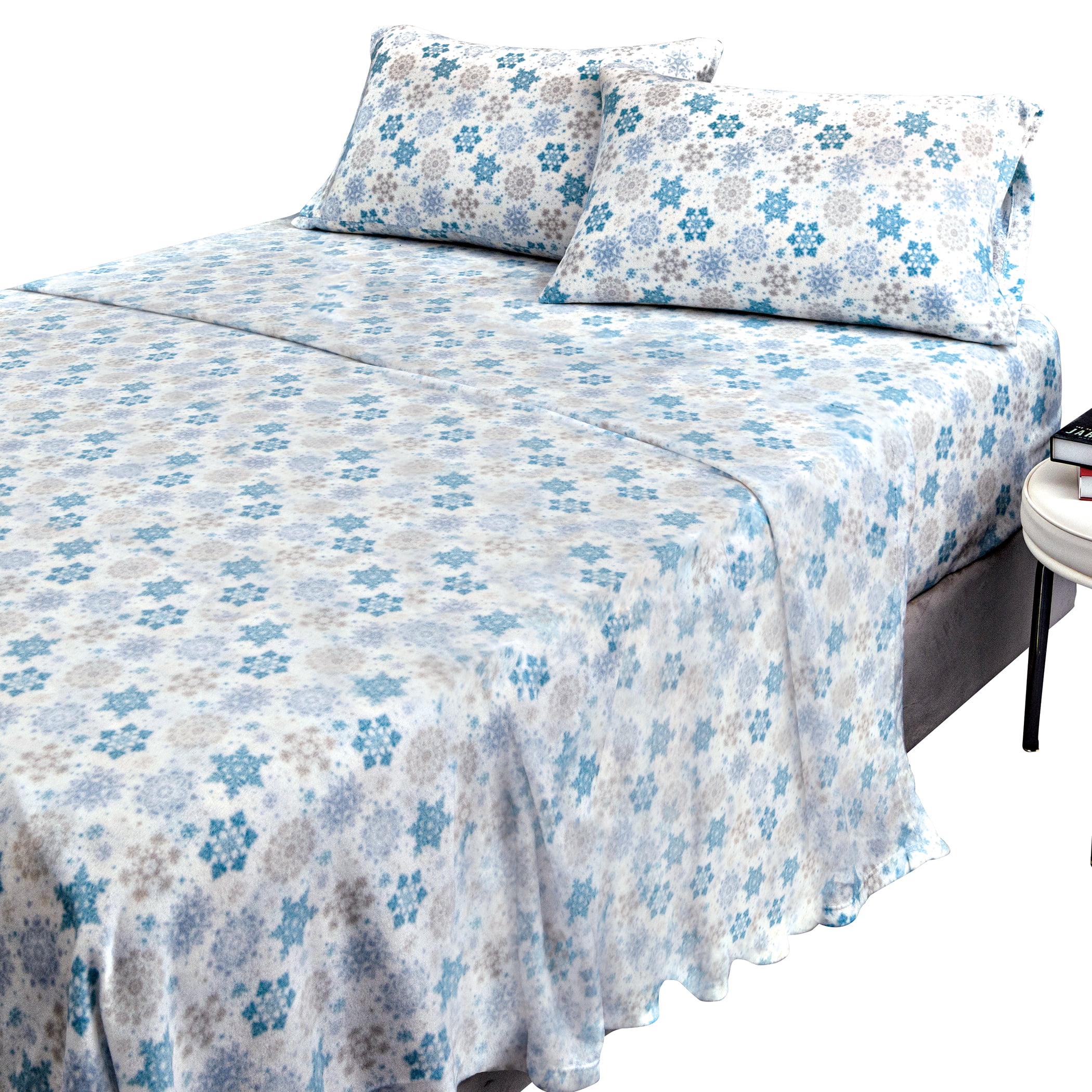 Collections Etc Festive Snowflake Fleece Printed 4-Piece Sheet Set ...