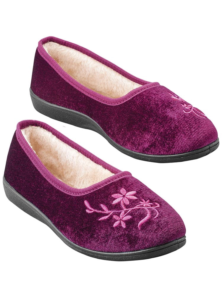 Collections Etc Fleece Lined Embroidered Velvet Slippers - Walmart.com