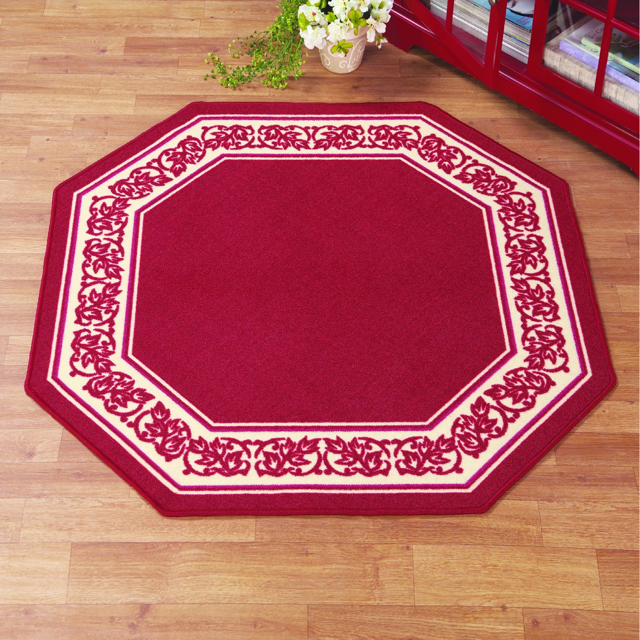 Collections Etc Floral Border Octagon Accent Rug - 54" x 54" Burgundy ...