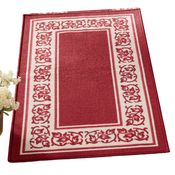 Collections Etc Floral Border Skid-Resistant Accent Rug, Burgundy, 26 X ...