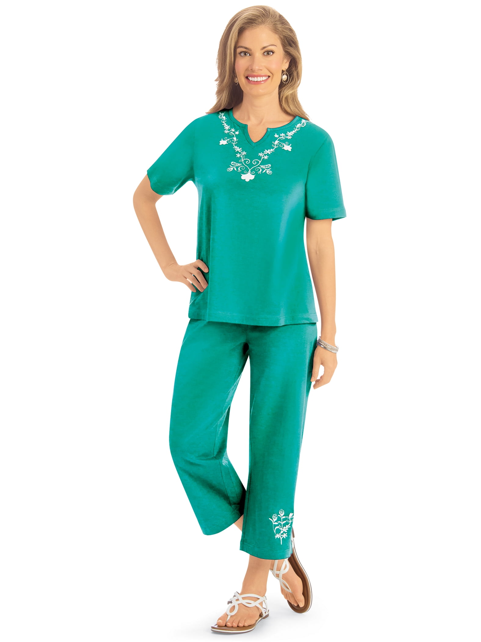 Collections Etc Floral Embroidered 2-Piece Knit Shirt and Capris Set ...