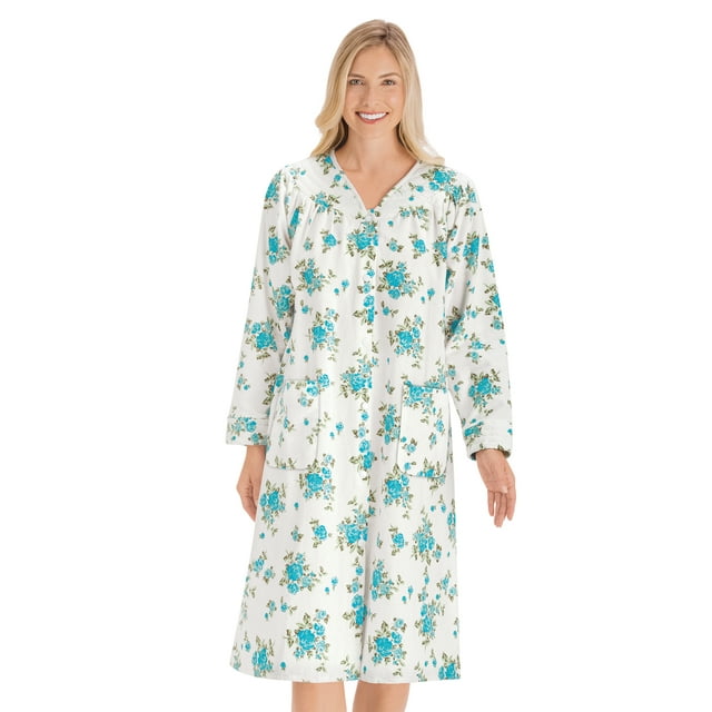 Collections Etc Floral Print Snap Front Long-Sleeve Flannel Robe with ...
