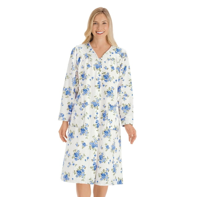 Collections Etc Floral Print Snap Front Long-Sleeve Flannel Robe with ...