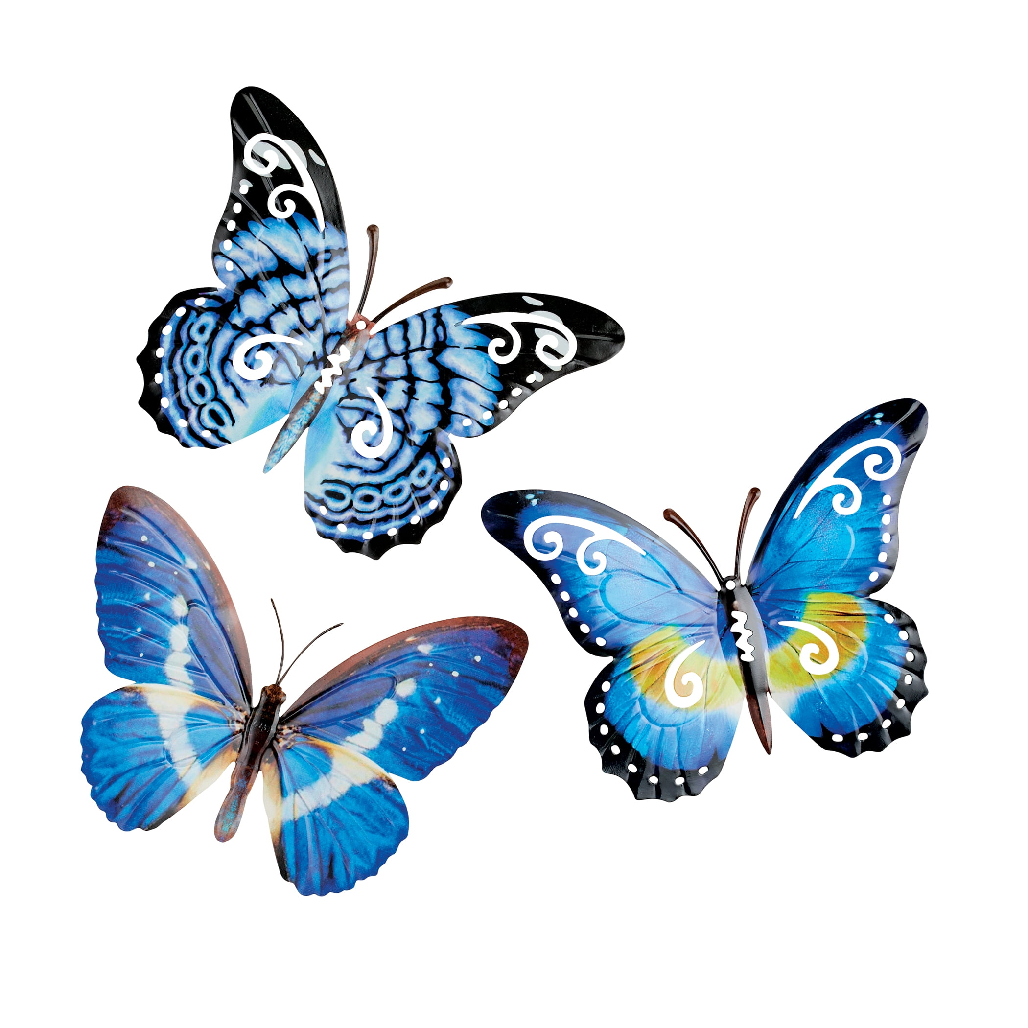 Collections Etc Hand-Painted Vivid Blue Butterfly Metal 3-Piece Wall ...