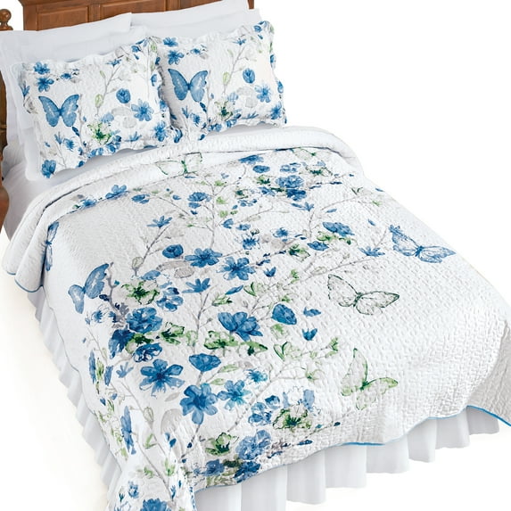Collections Etc Kylie Blue Cherry Blossom Scalloped Edge Quilt with ...