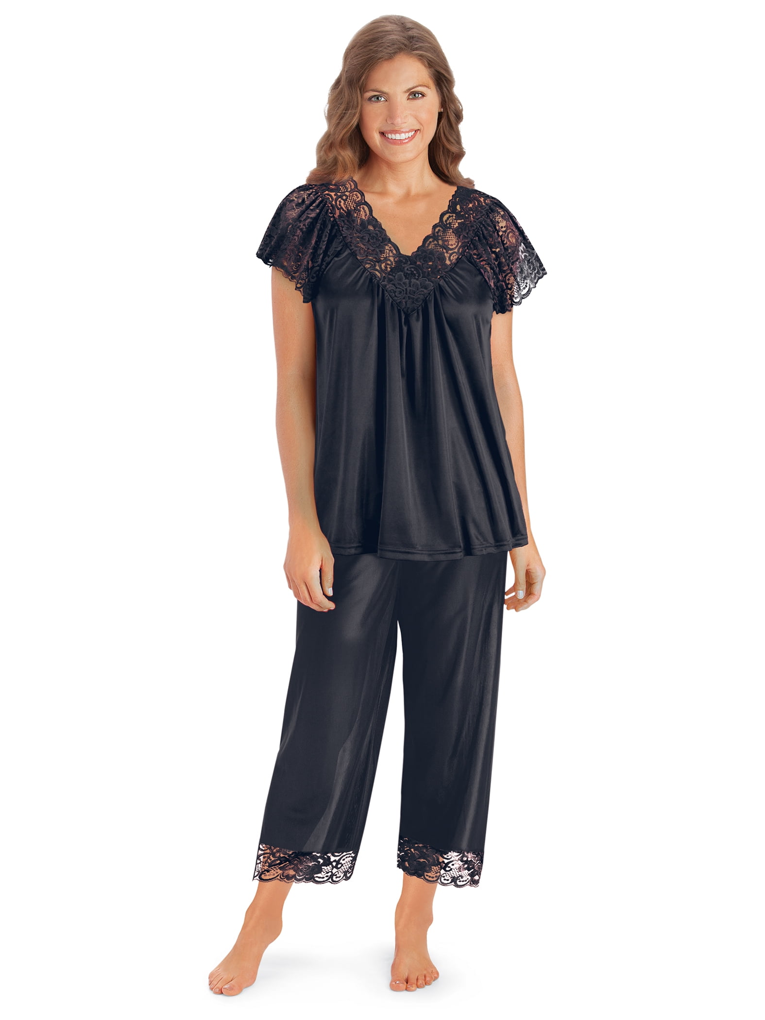 Collections Etc Lace Trim Soft and Silky Capri 2-Piece Pajama Set ...