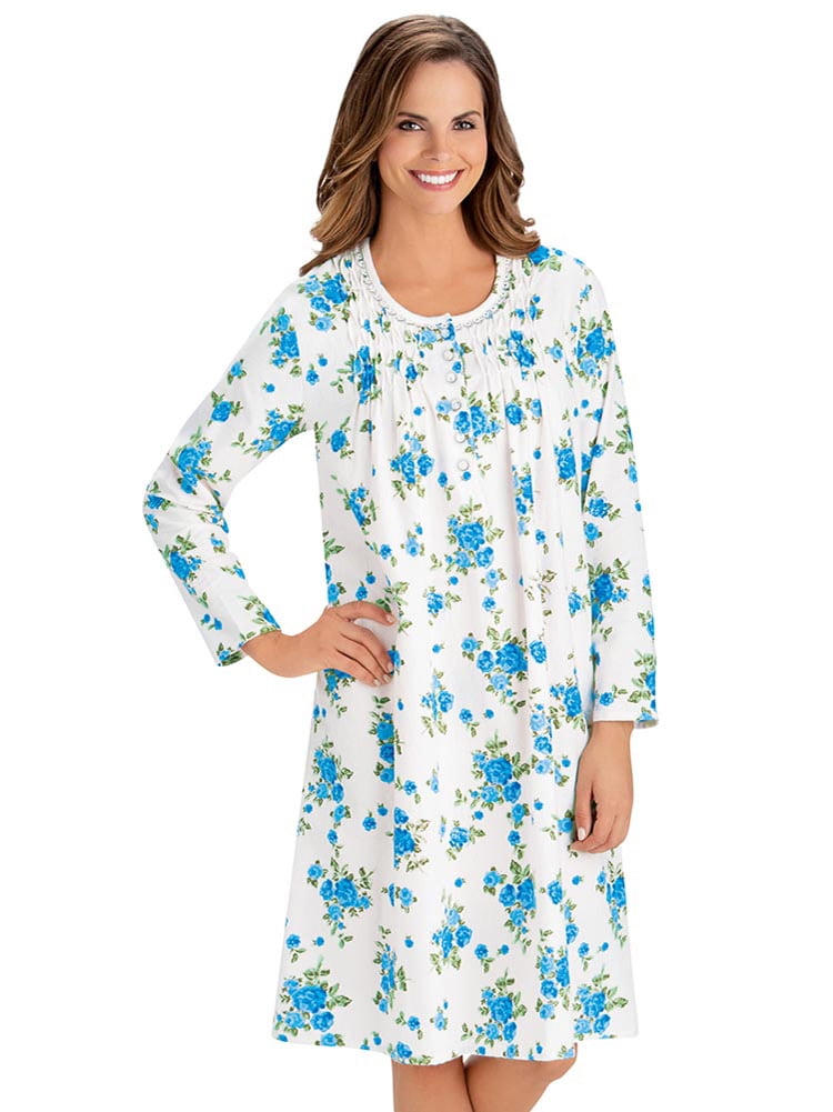 Collections Etc Women's Cotton Floral Flannel Nightgown with Long ...