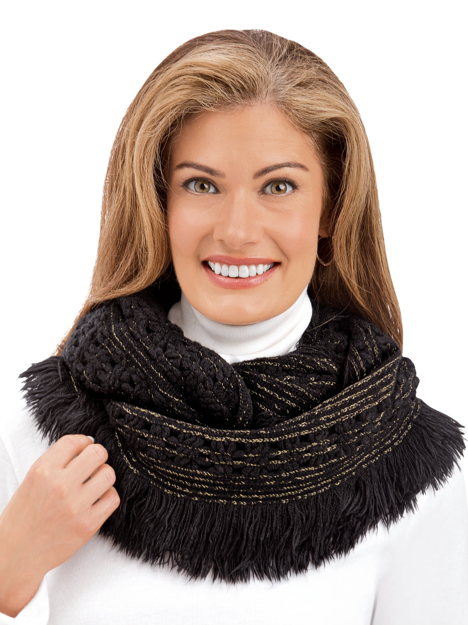 Collections Etc Lurex Pointelle Infinity Scarf with Soft Fringe Trim ...