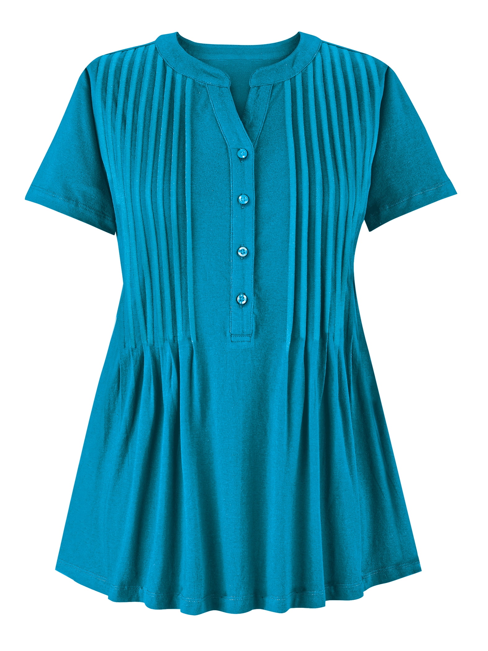 Collections Etc Pintuck Button Front & V-Neck Cotton Knit Short Sleeve ...