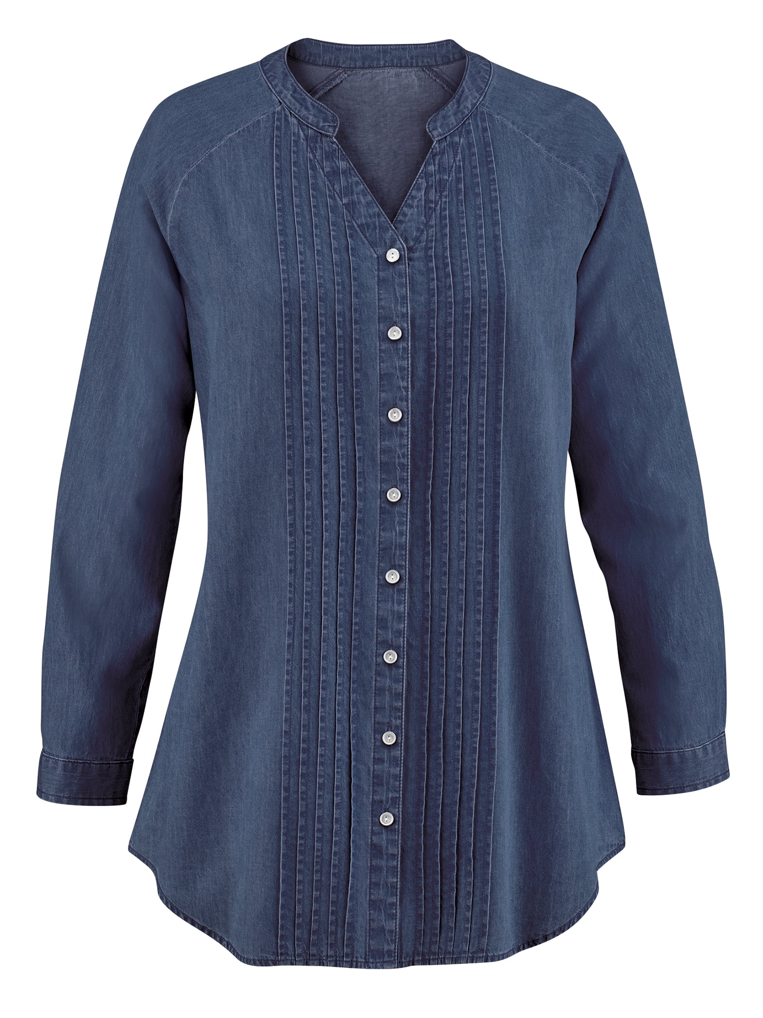 Collections Etc Pintuck Split V-Neck Long-Sleeve Denim Tunic with Button Placket - Walmart.com