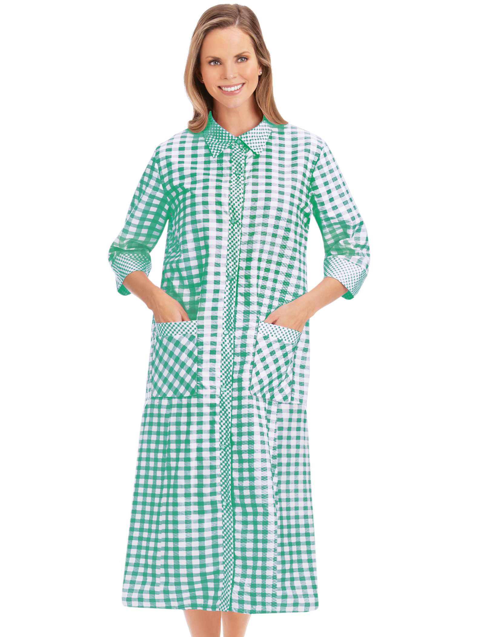 Collections Etc Pretty Pastel Gingham Snap Front Housecoat Long Lounger ...