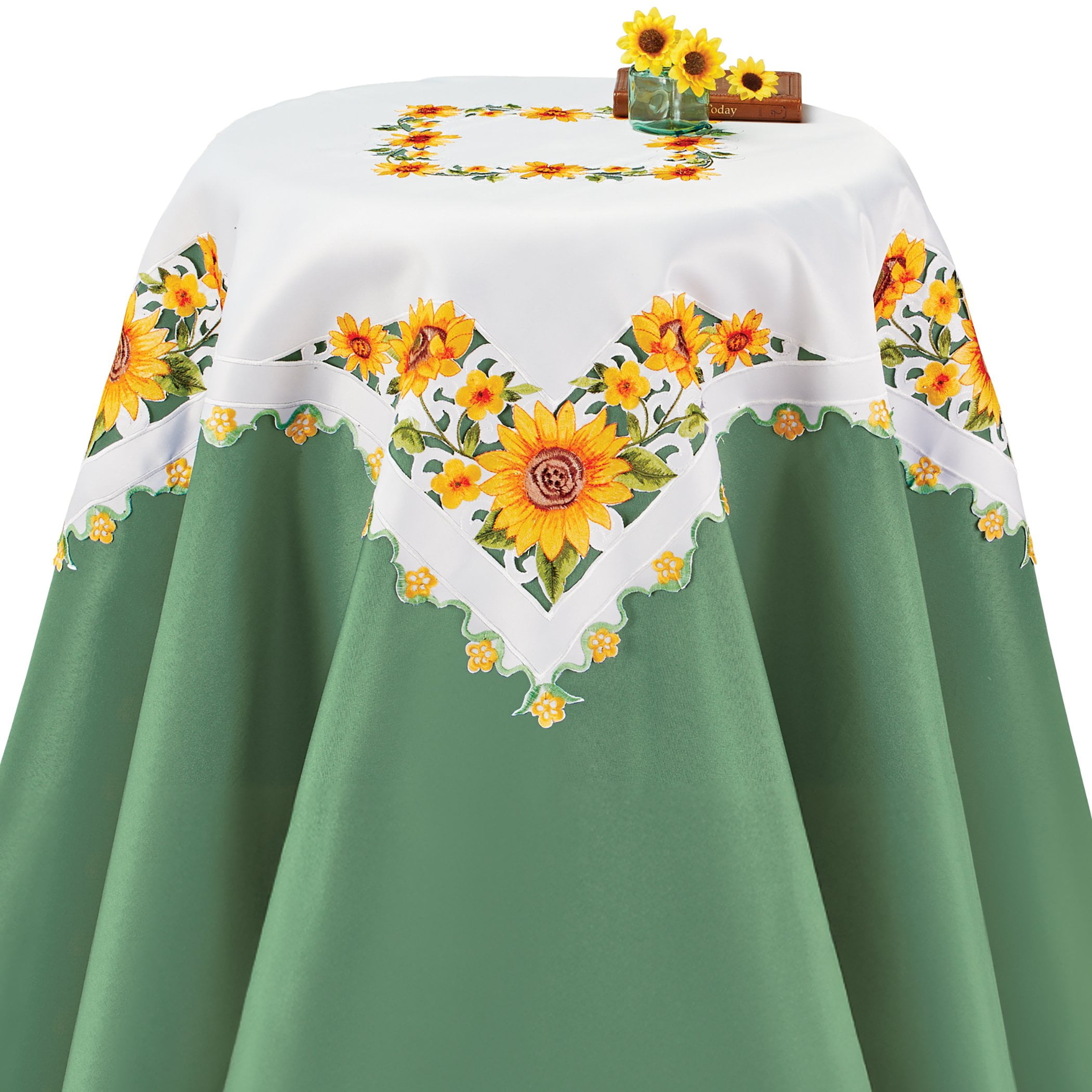 Collections Etc Pretty Sunflower Embroidered Table Linens Yellow Square ...