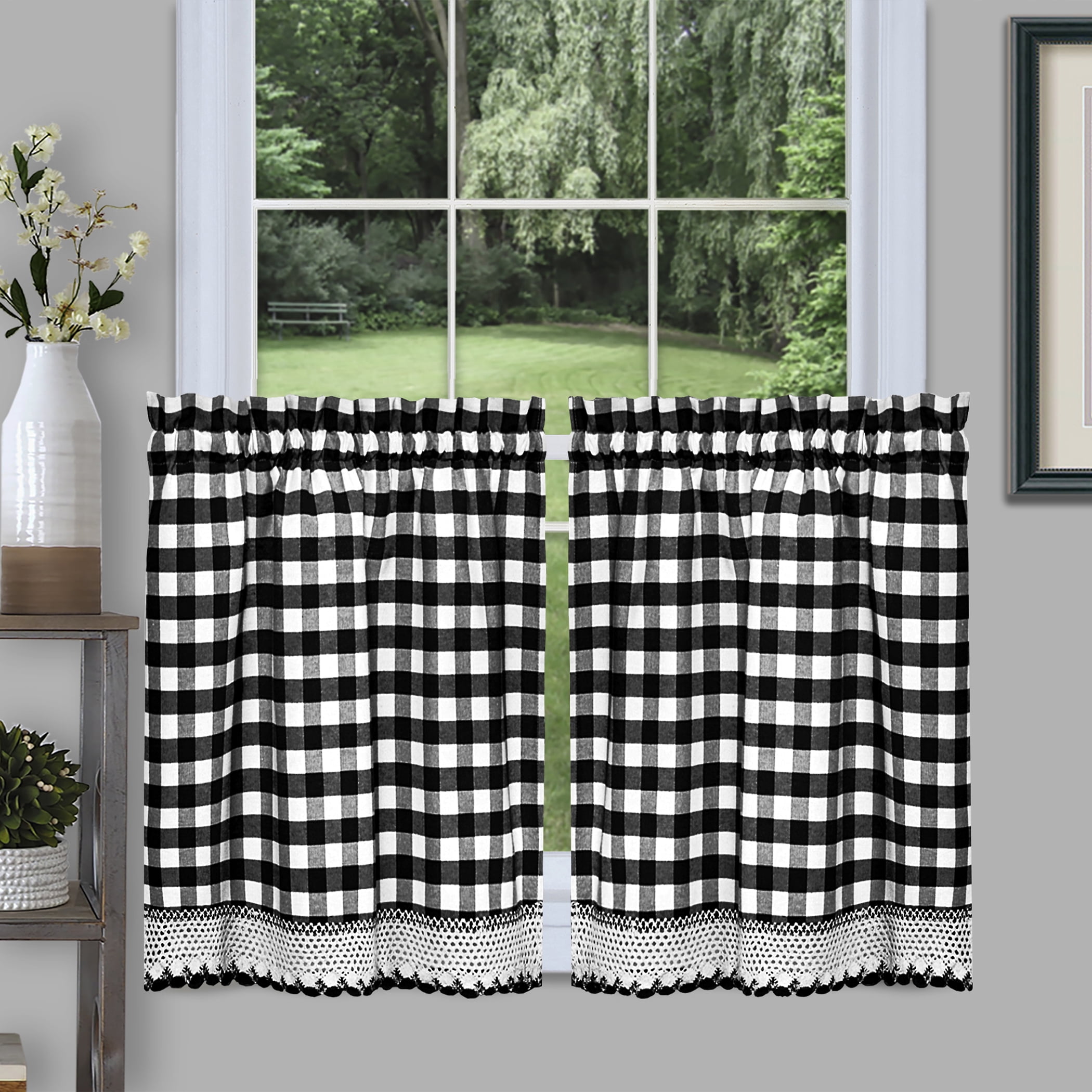 Collections Etc Primitive Buffalo Checkered Cafe Curtain Set Black and White 58" x 36" - Walmart ...