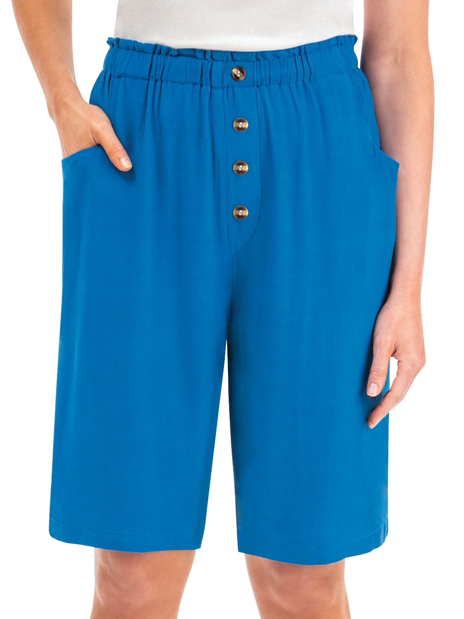 Collections Etc Pull-On Elasticized Waist Faux Button Fly Long Shorts ...