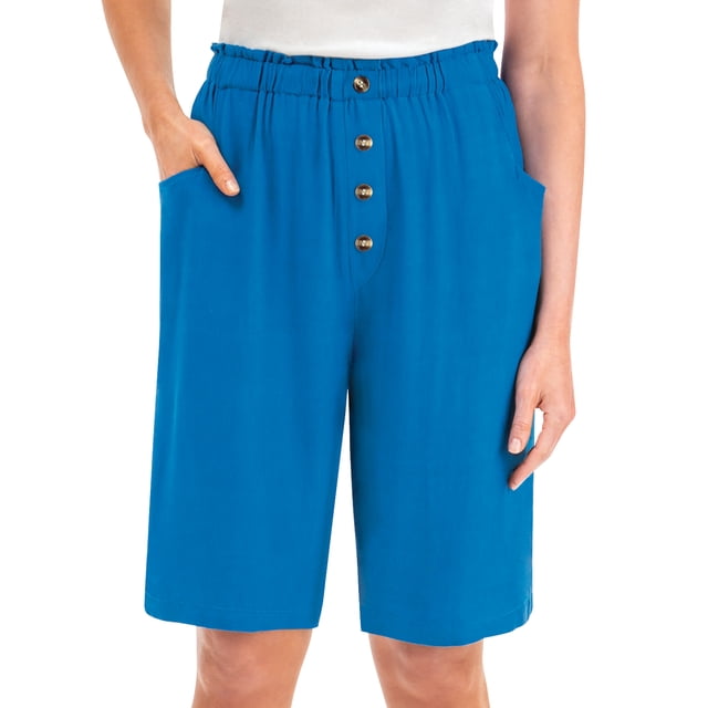 Collections Etc Pull-On Elasticized Waist Faux Button Fly Long Shorts ...