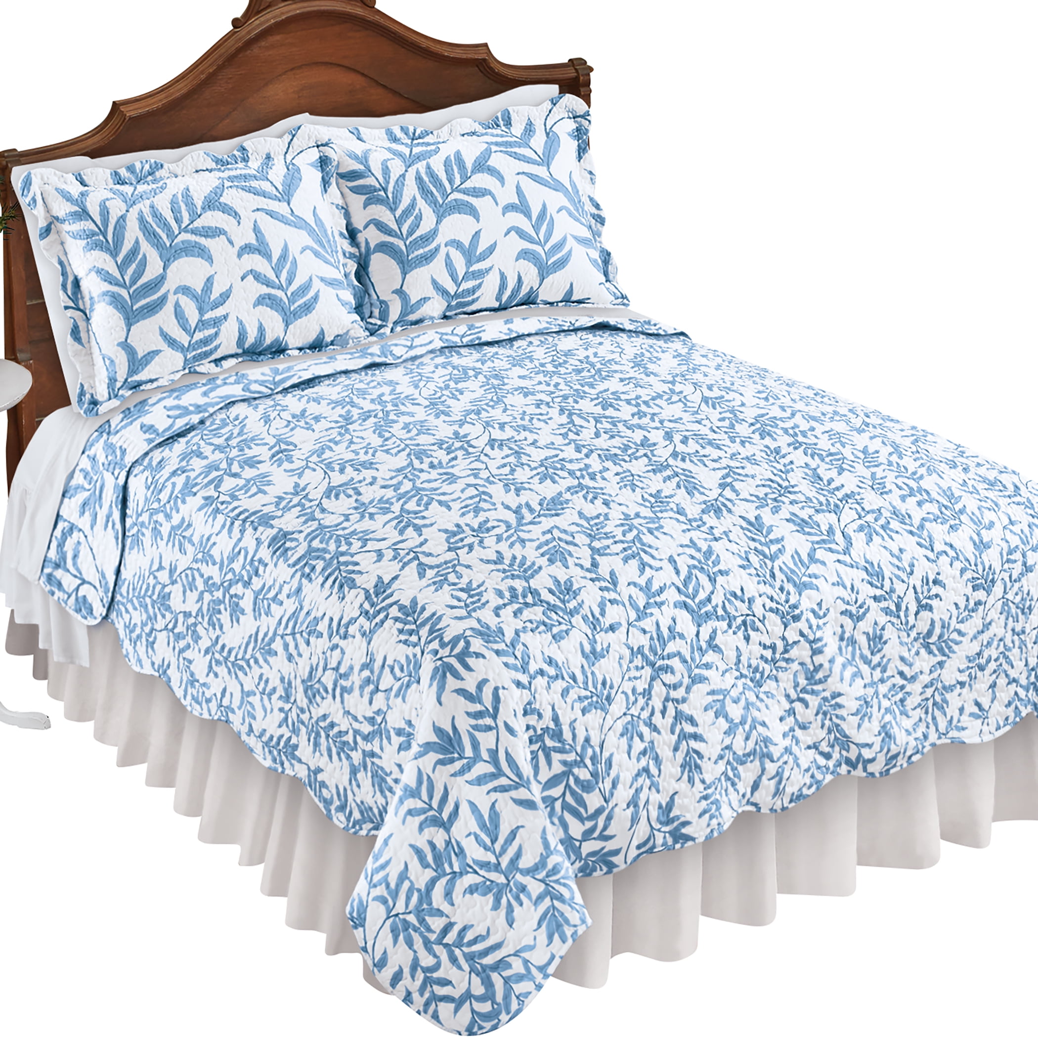 Collections Etc Reversible Scrolling Leaf Toss Scalloped Edge Quilt Blue Full/Queen - Walmart.com