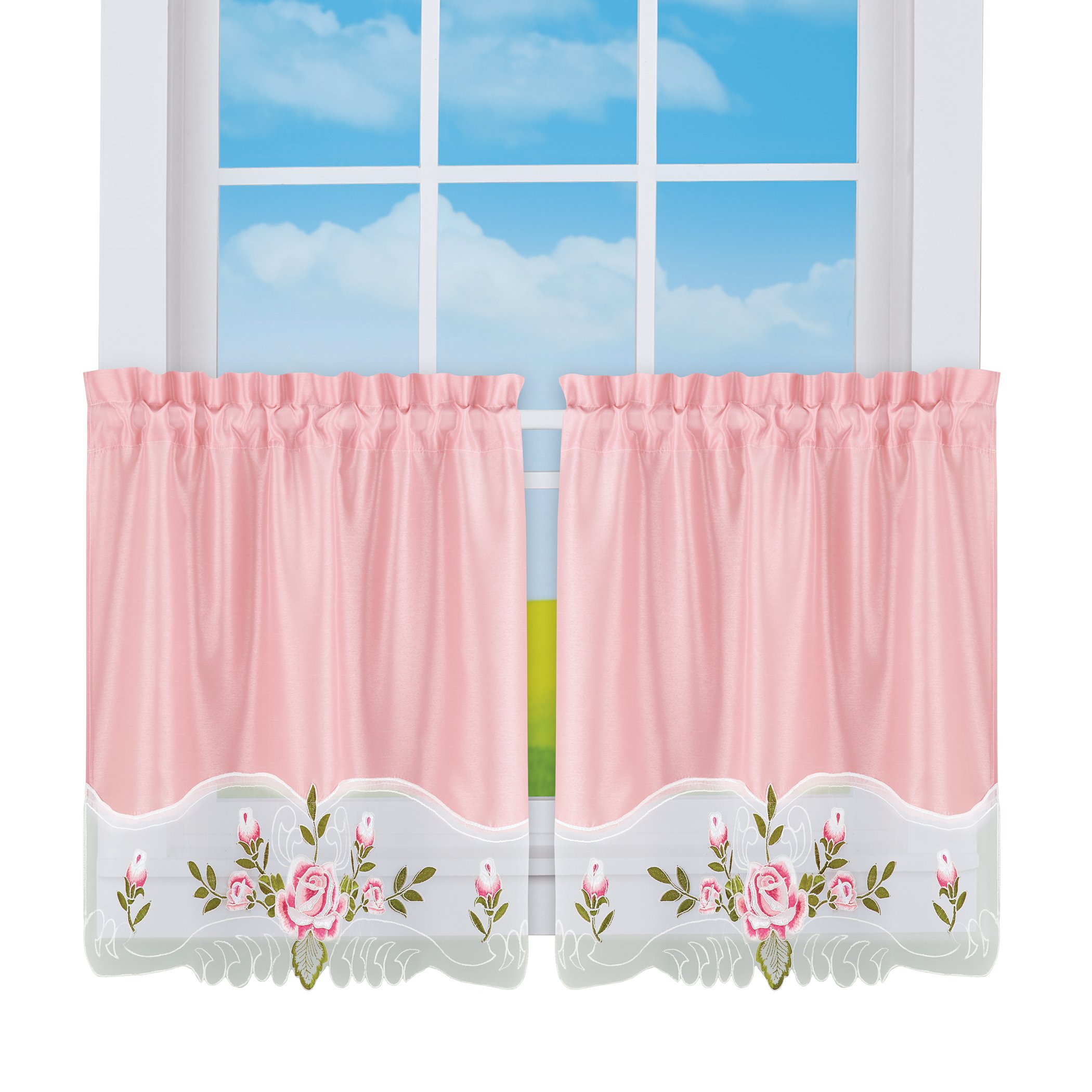 Collections Etc Rose Trim Embroidered Rod Pocket Top Window Curtains ...