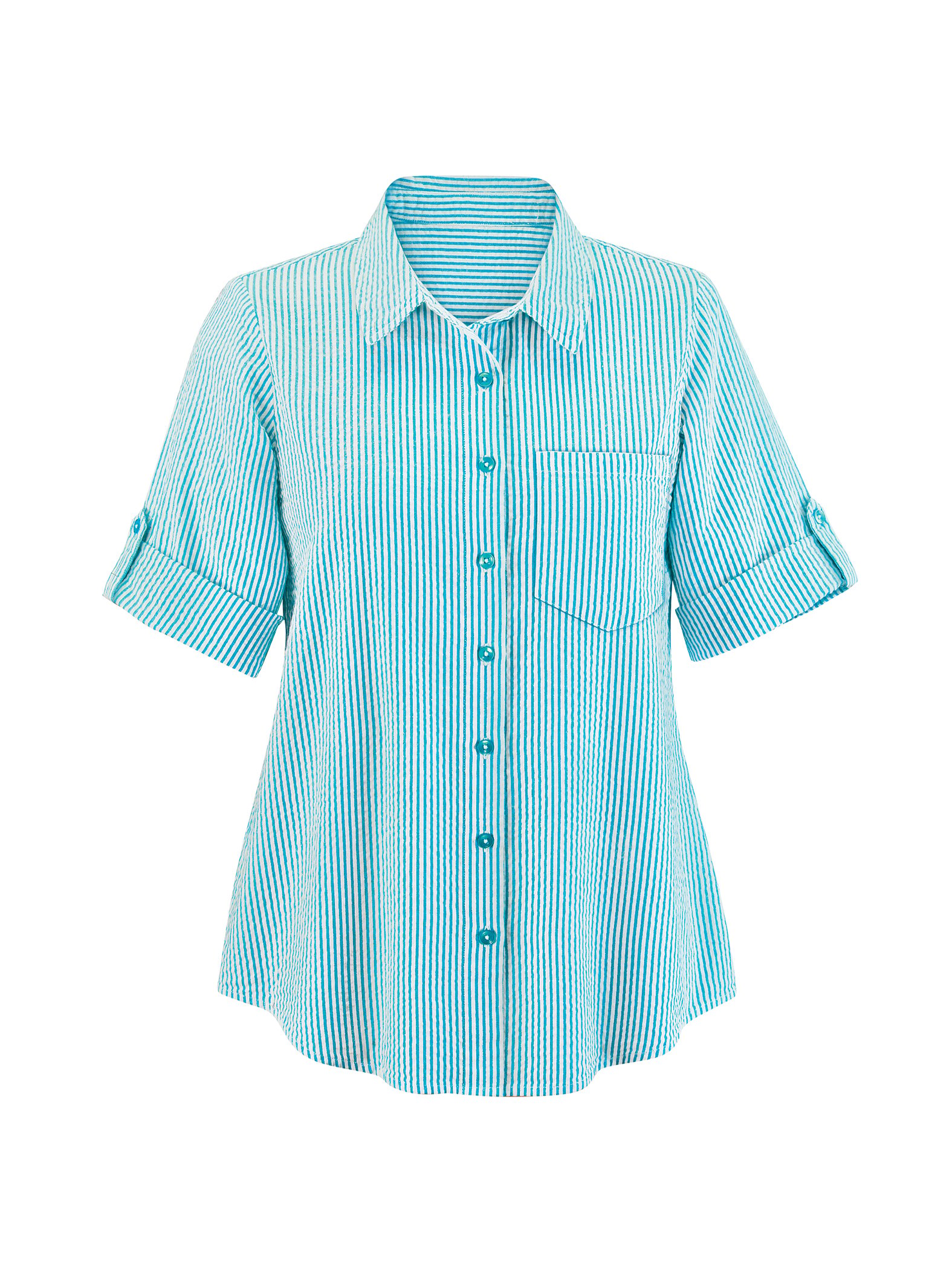Collections Etc Seersucker Roll-Tab Short Sleeve Button-Front Shirt ...
